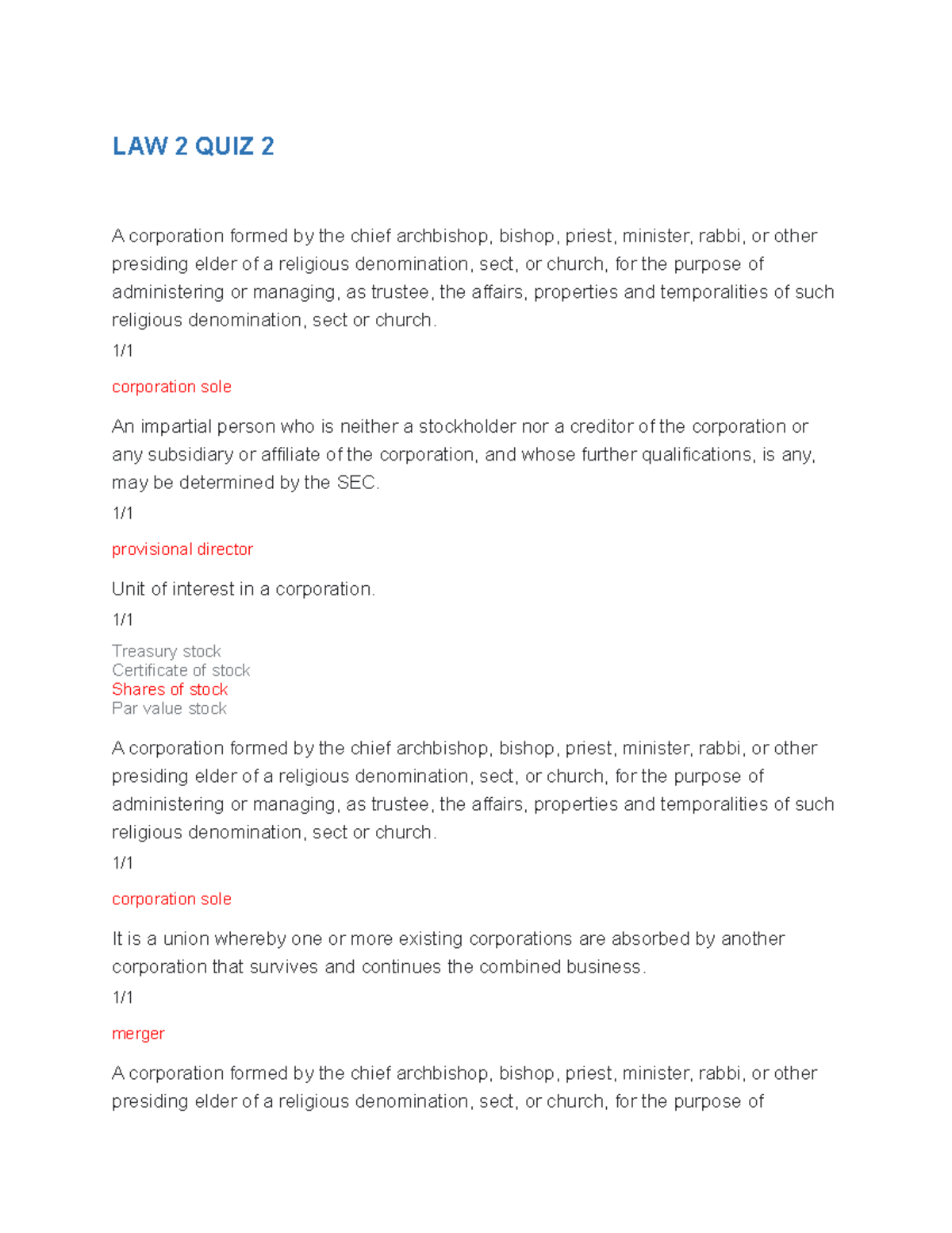 LAW 2 QUIZ 2 - Law fundamentals in business legal provisions - LAW 2 ...