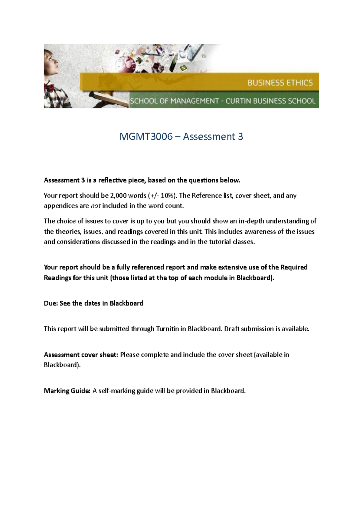 Assessment 3 Overview - Assignment 3 for Business ethics- MGMT3006 ...