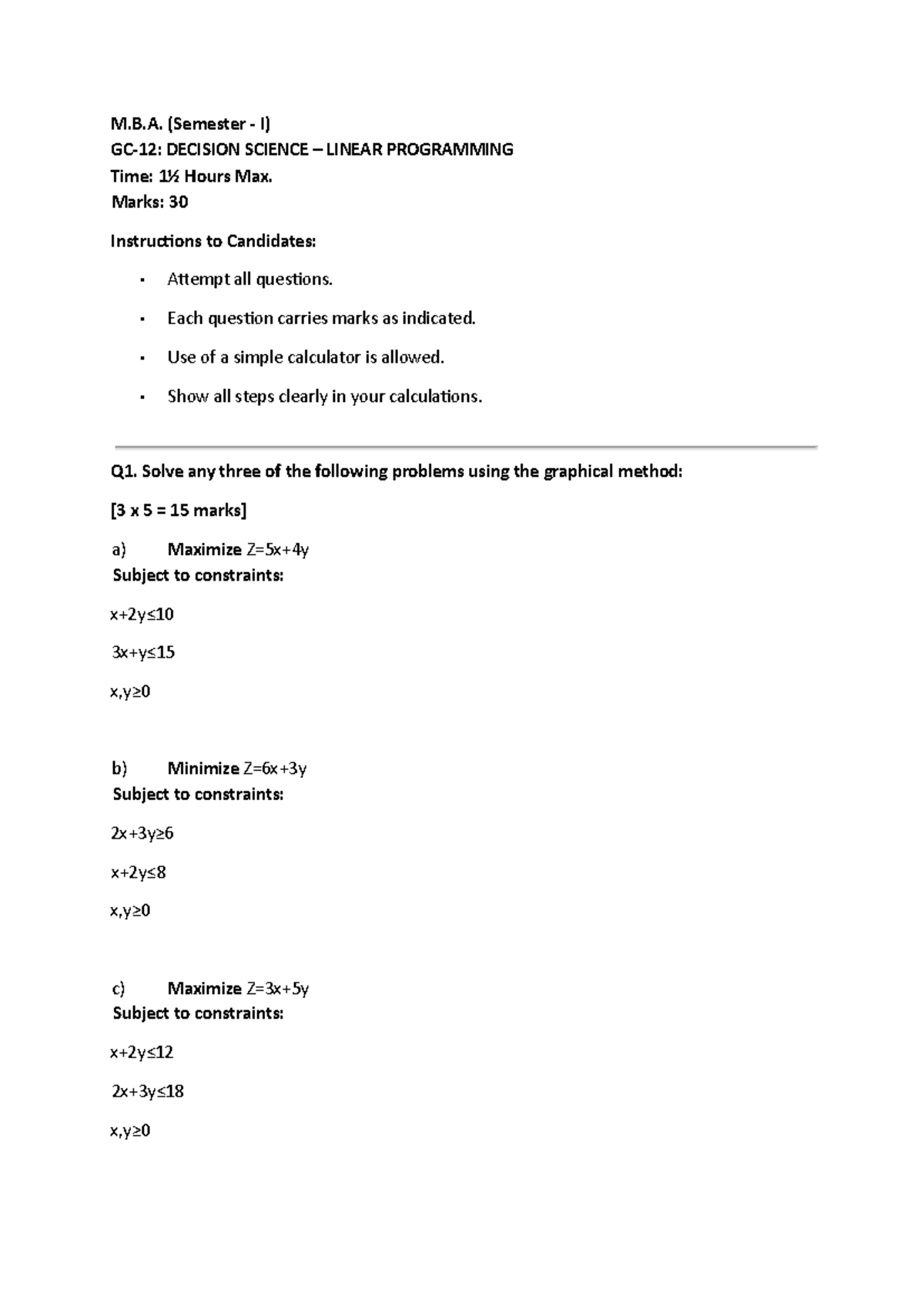 Decision Science Paper 2024 1st year IMP - M.B. (Semester - I) GC-12 ...