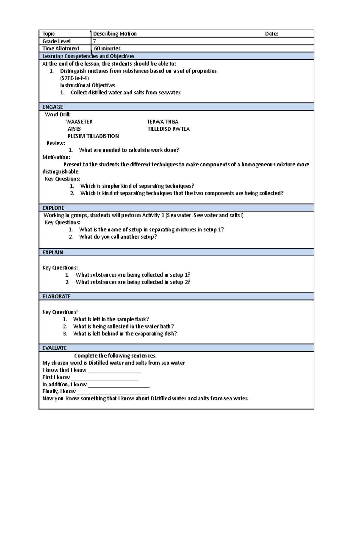 5'S DLL Science 7 ( July 11, 2019 ) - Topic Describing Motion Date ...