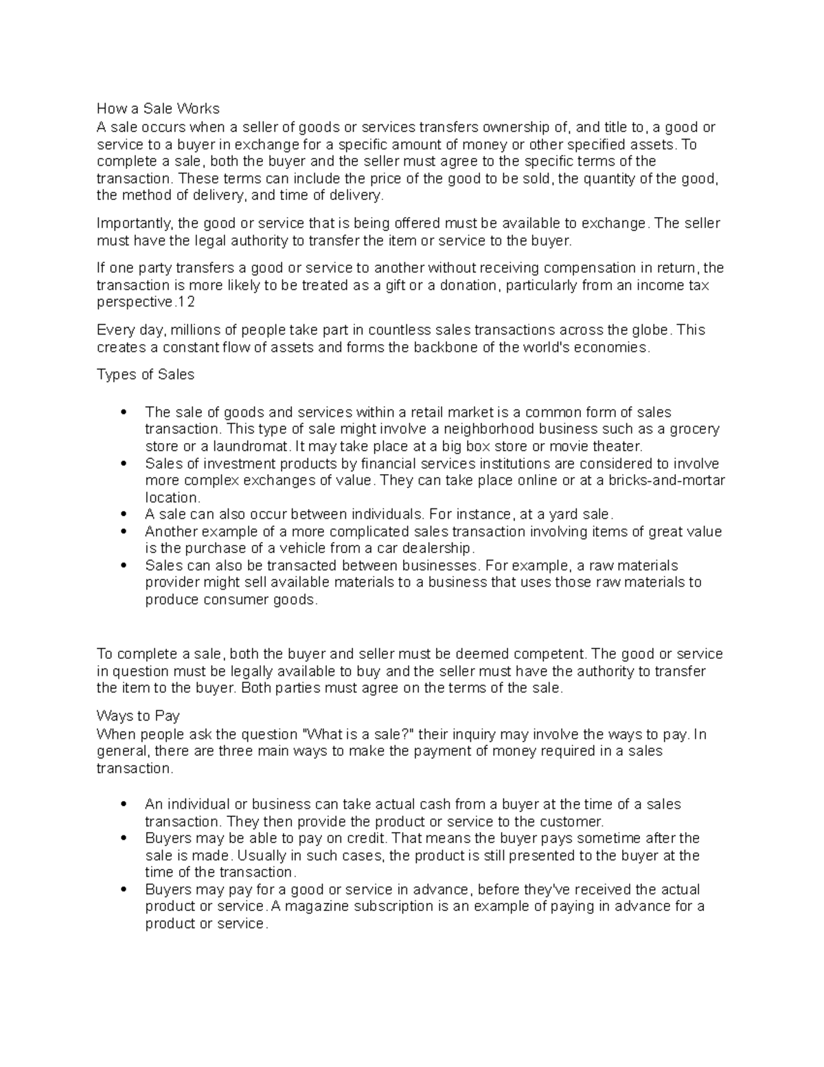 A4 - asdasdadadad - How a Sale Works A sale occurs when a seller of ...