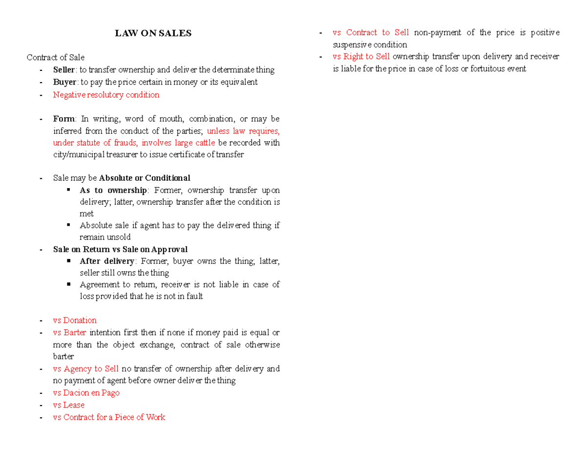 Law on Sales Notes - LAW ON SALES Contract of Sale - Seller: to ...