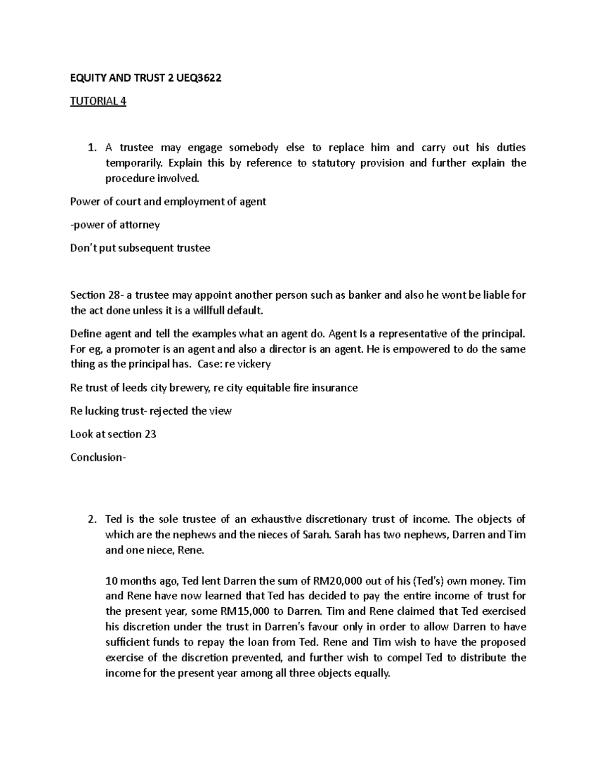 Tutorial 4 equity - EQUITY AND TRUST 2 UEQ TUTORIAL 4 A trustee may ...