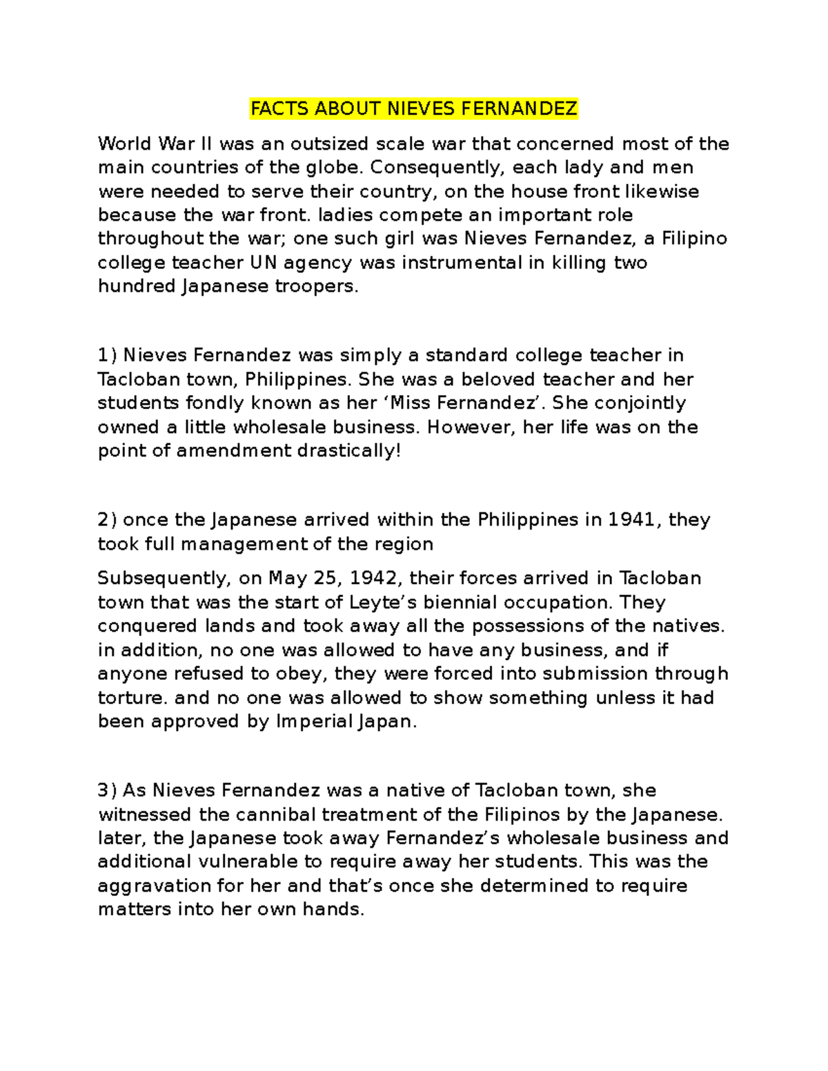 Facts About Nieves Fernandez - FACTS ABOUT NIEVES FERNANDEZ World War ...