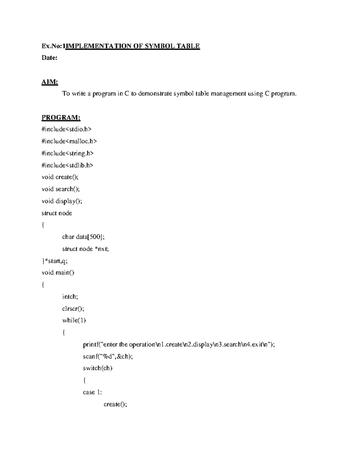 Cd Lab Manual Ex1implementation Of Symbol Table Date Aim To Write A Program In C To