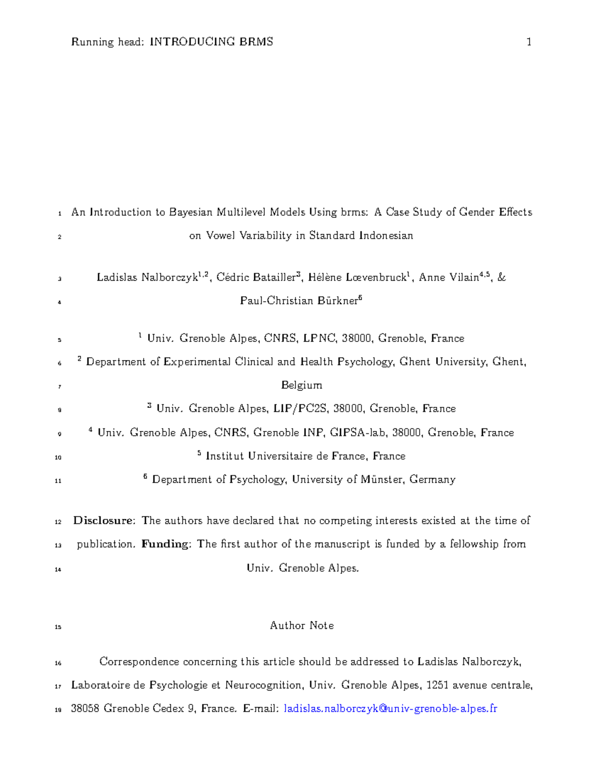 Introduction BMLMs brms - Running head: INTRODUCING BRMS 1 1 An Introduction to Bayesian ...