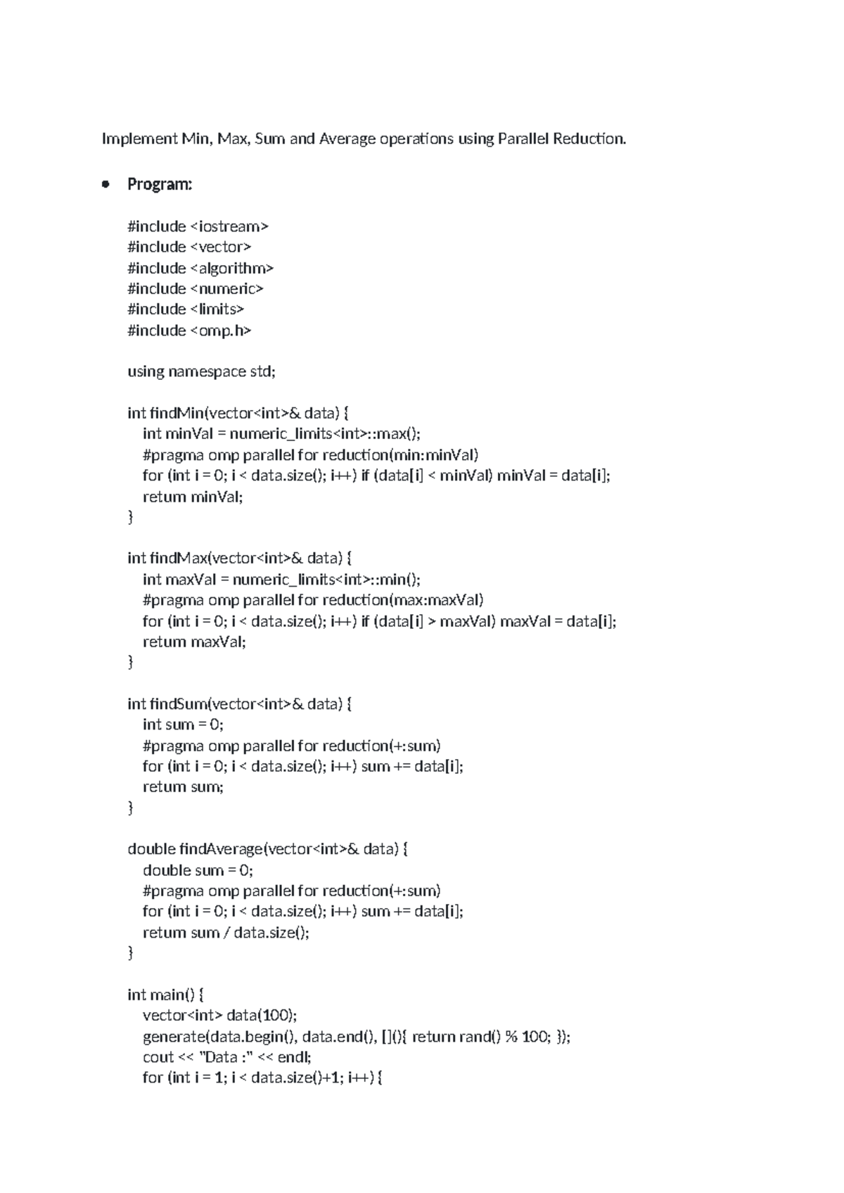 HPC3 - Implement Min, Max, Sum and Average operations using Parallel Reduction. Program: # ...