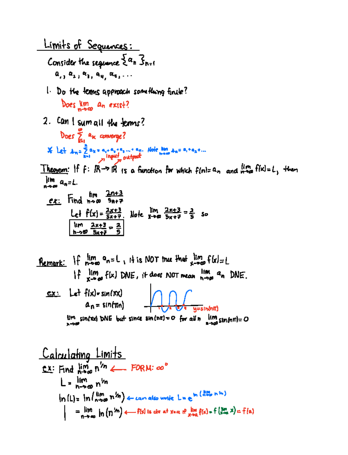 Limits of Sequences - Professor Talamo - Completed outline with neat work and example problems ...