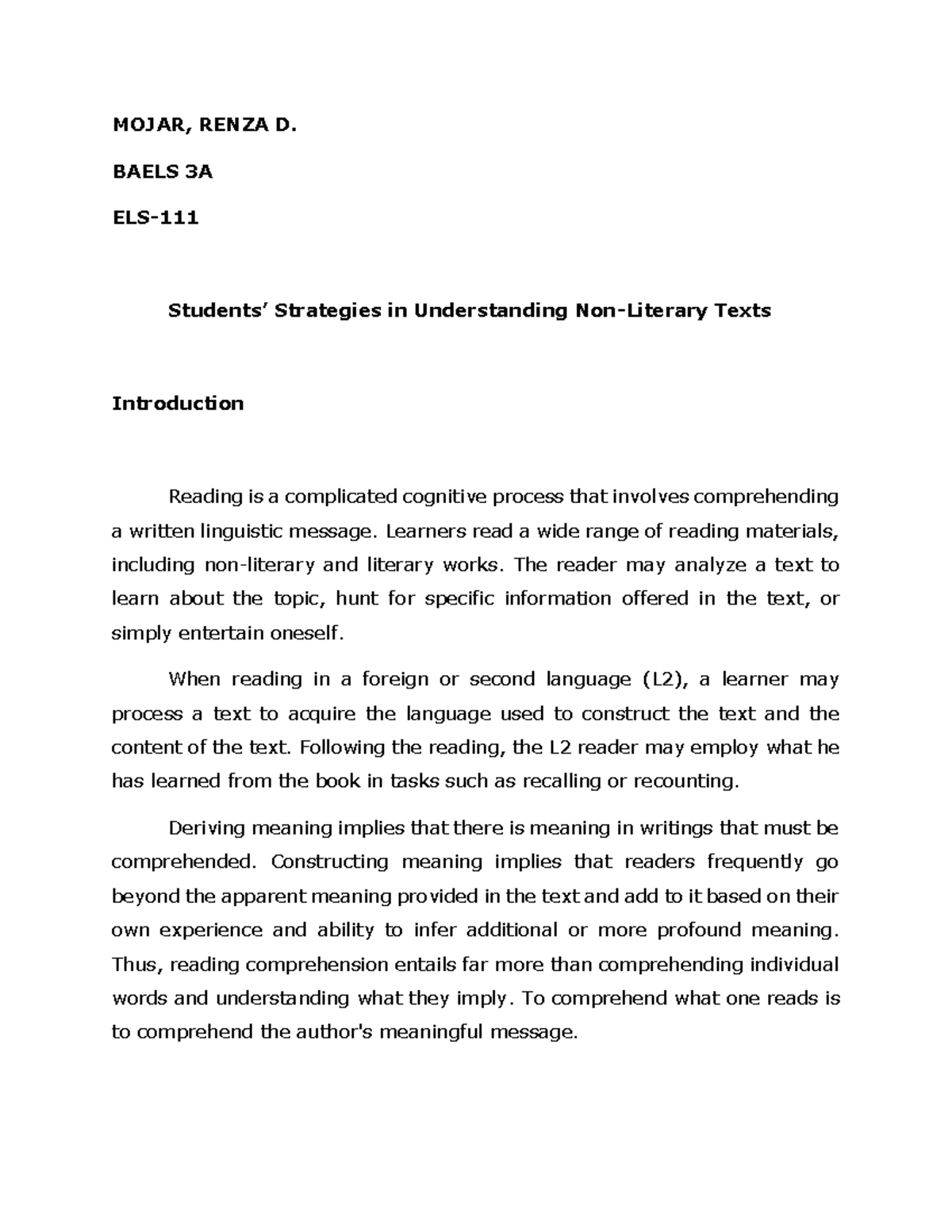Students’ Strategies in Understanding Non-Literary Texts - MOJAR, RENZA ...