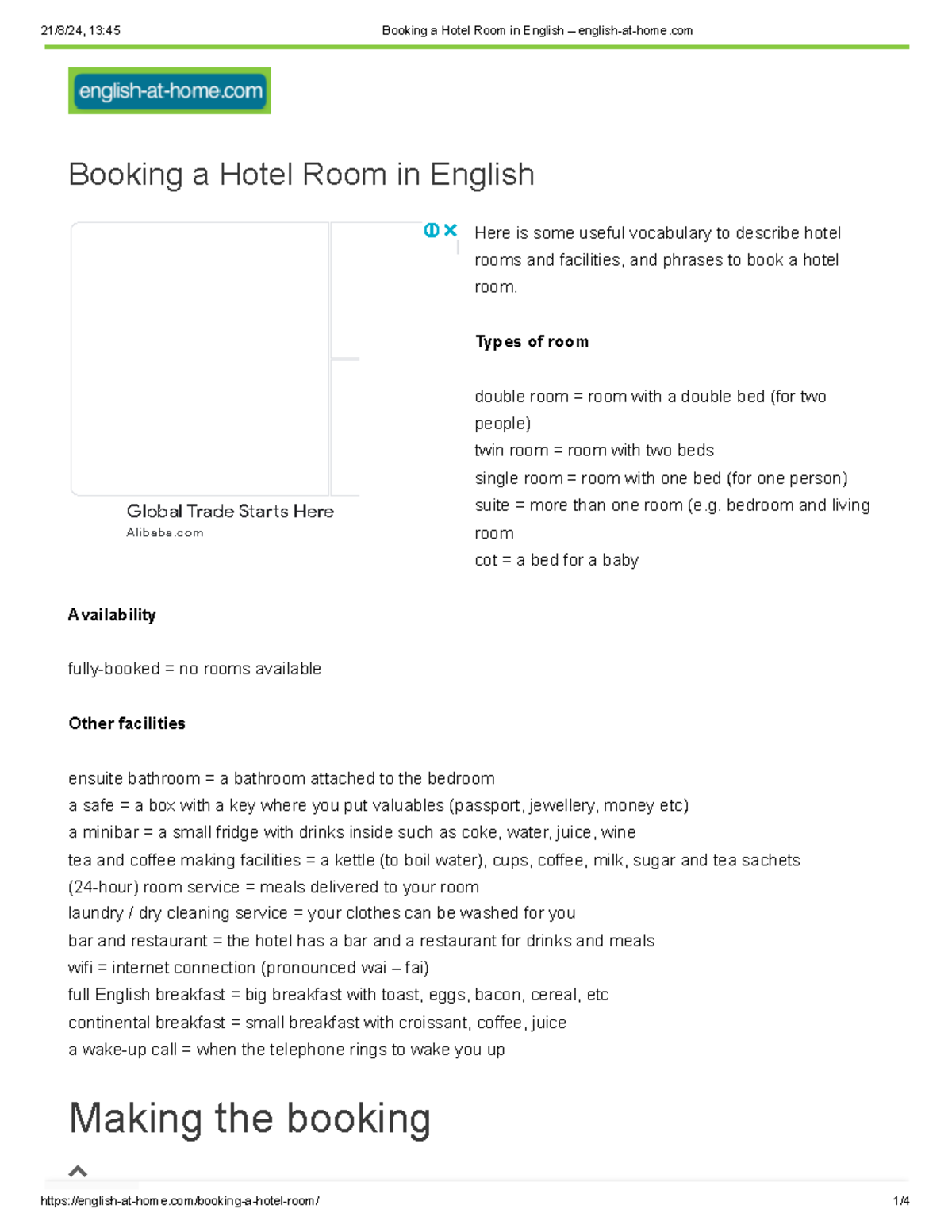 Booking a Hotel Room in English – english-at-home - Booking a Hotel ...