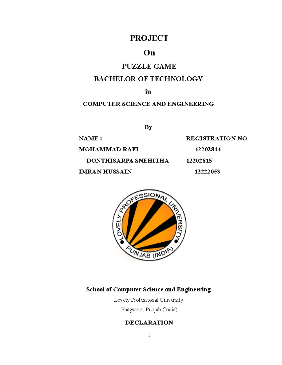 Final Report Python Project On Puzzle Game Bachelor Of Technology In Computer Science And