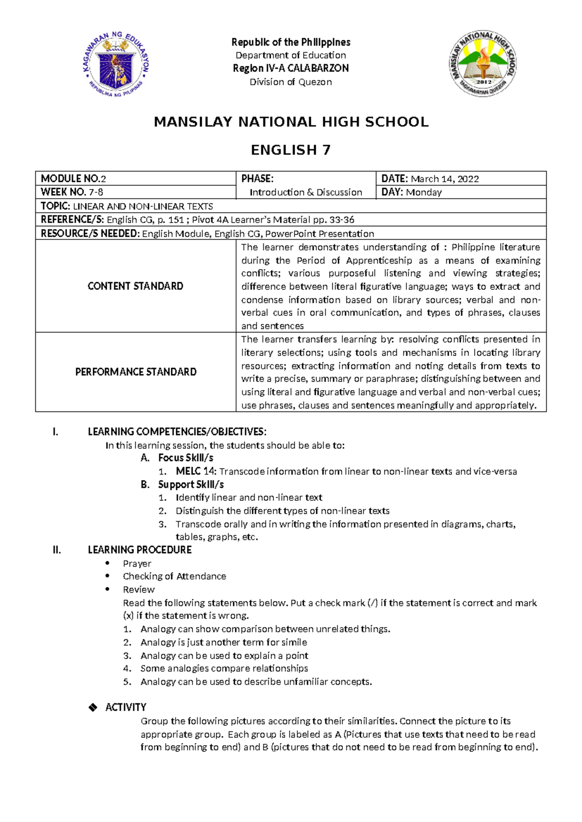 COT- Lesson PLAN( Linear AND NON- Linear TEXT) - Republic of the ...