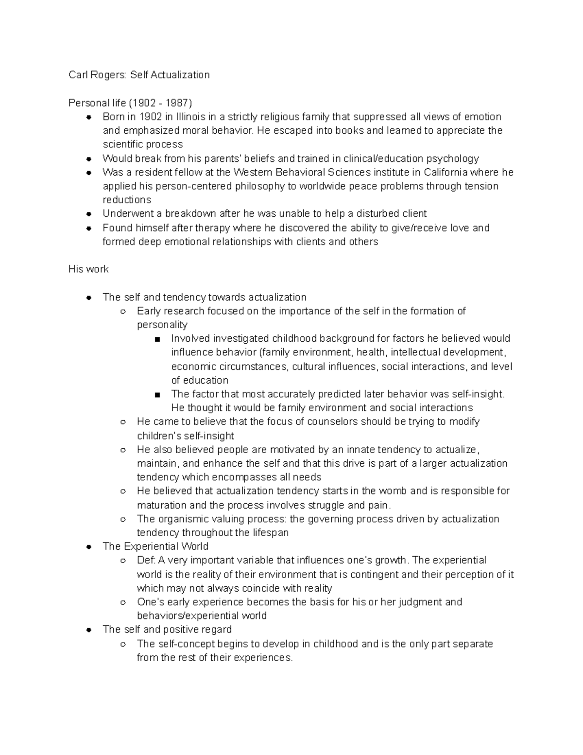 Lecture 10 Cari Rogers - Carl Rogers: Self Actualization Personal life ...