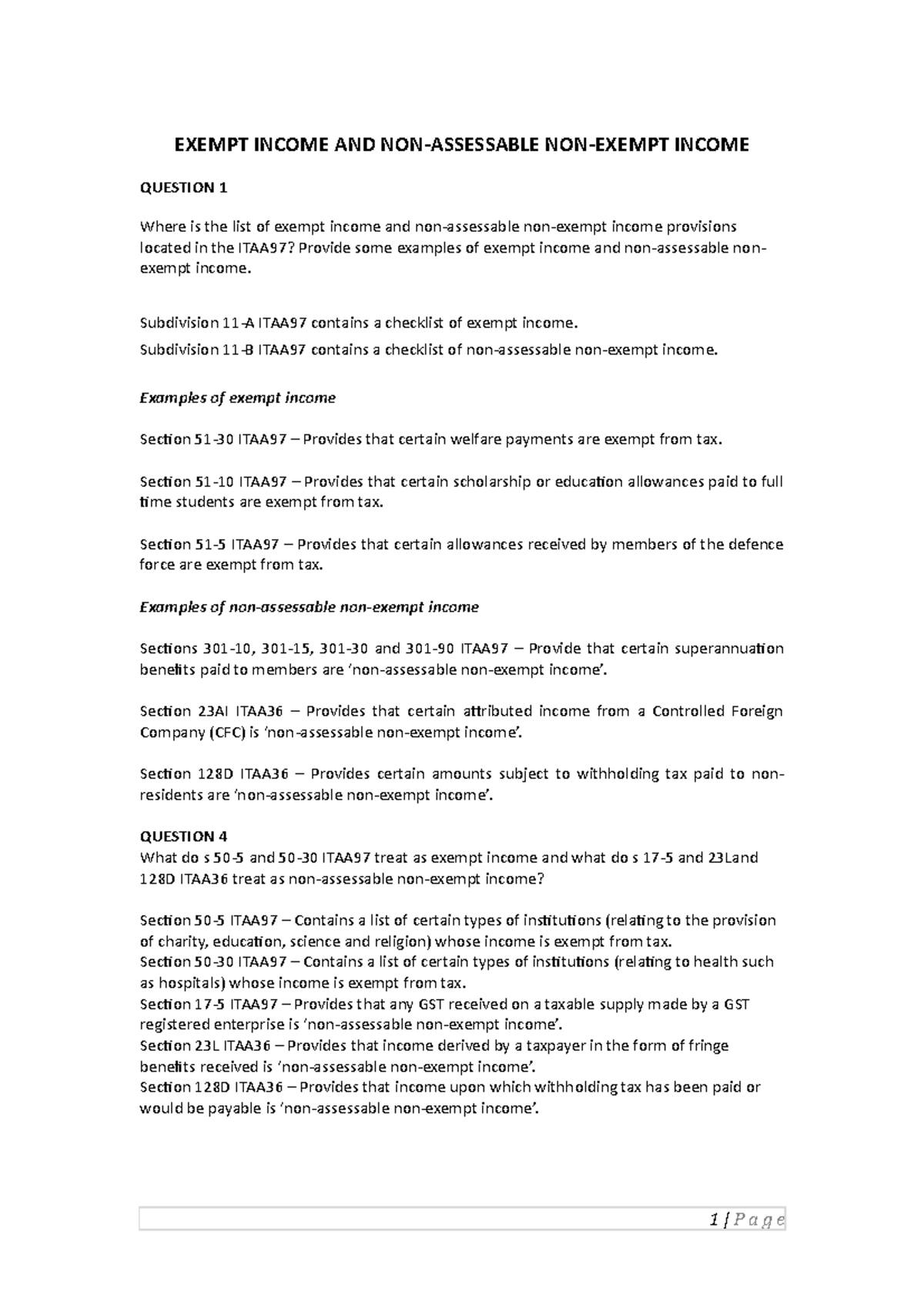 HI6028 Tutorial Solutions Q2 Exempt income - EXEMPT INCOME AND NON ...