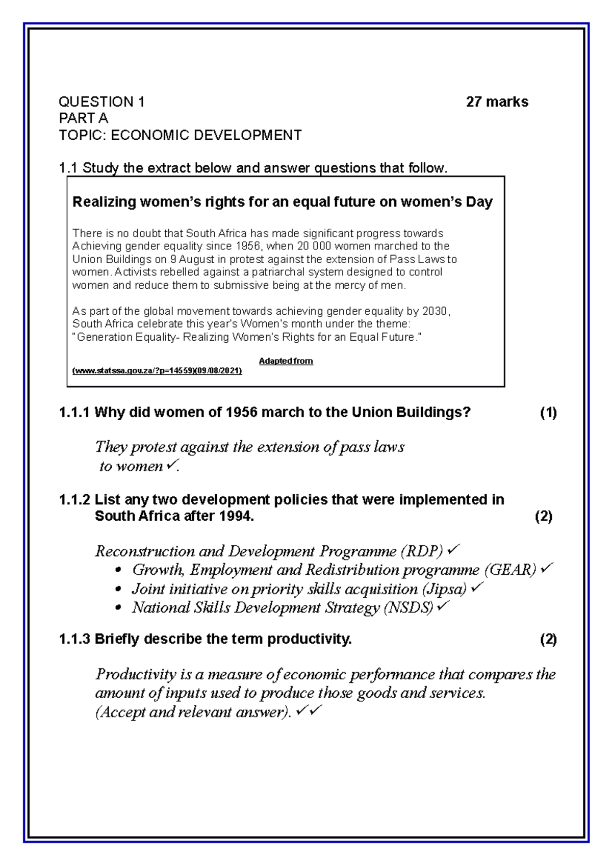 Me G economic development - QUESTION 1 27 marks PART A TOPIC: ECONOMIC ...