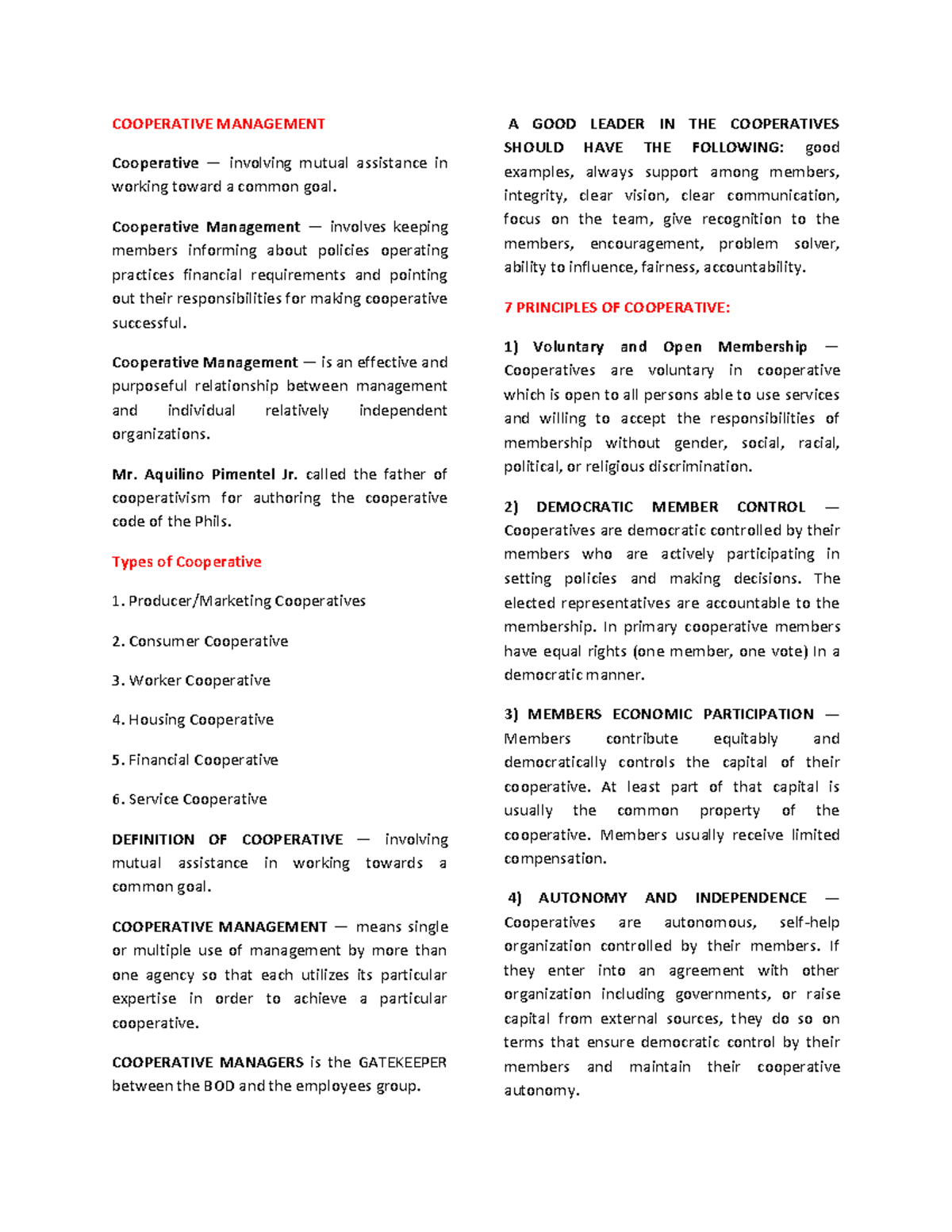 Cooperative Management - COOPERATIVE MANAGEMENT Cooperative — involving ...