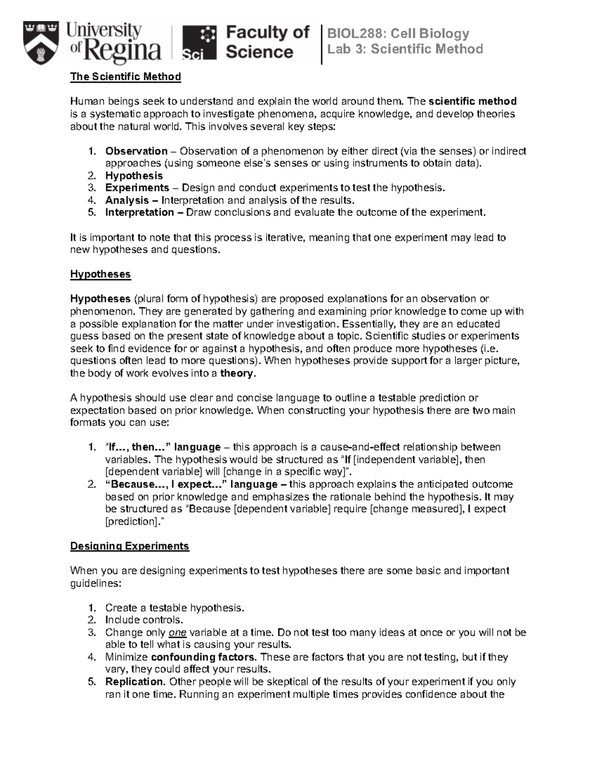 Lab3-Scientific Method - BIOL288: Cell Biology Lab 3 : Scientific Method The Scientific Method ...