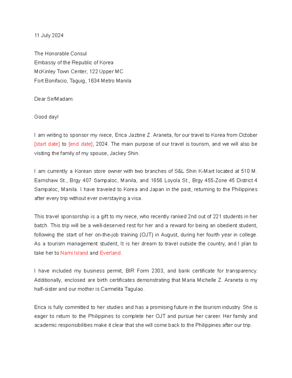 Araneta - VISA - Cover Letter - 11 July 2024 The Honorable Consul ...