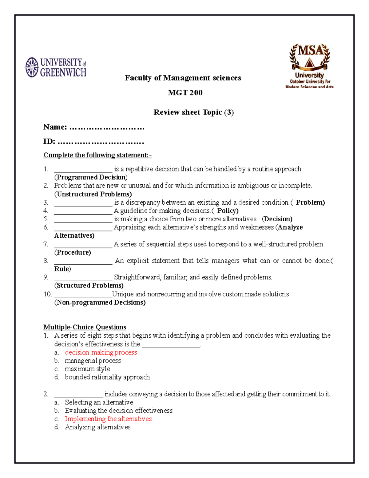 Review Sheet Topic {3} Answer - Faculty of Management sciences MGT 200 ...