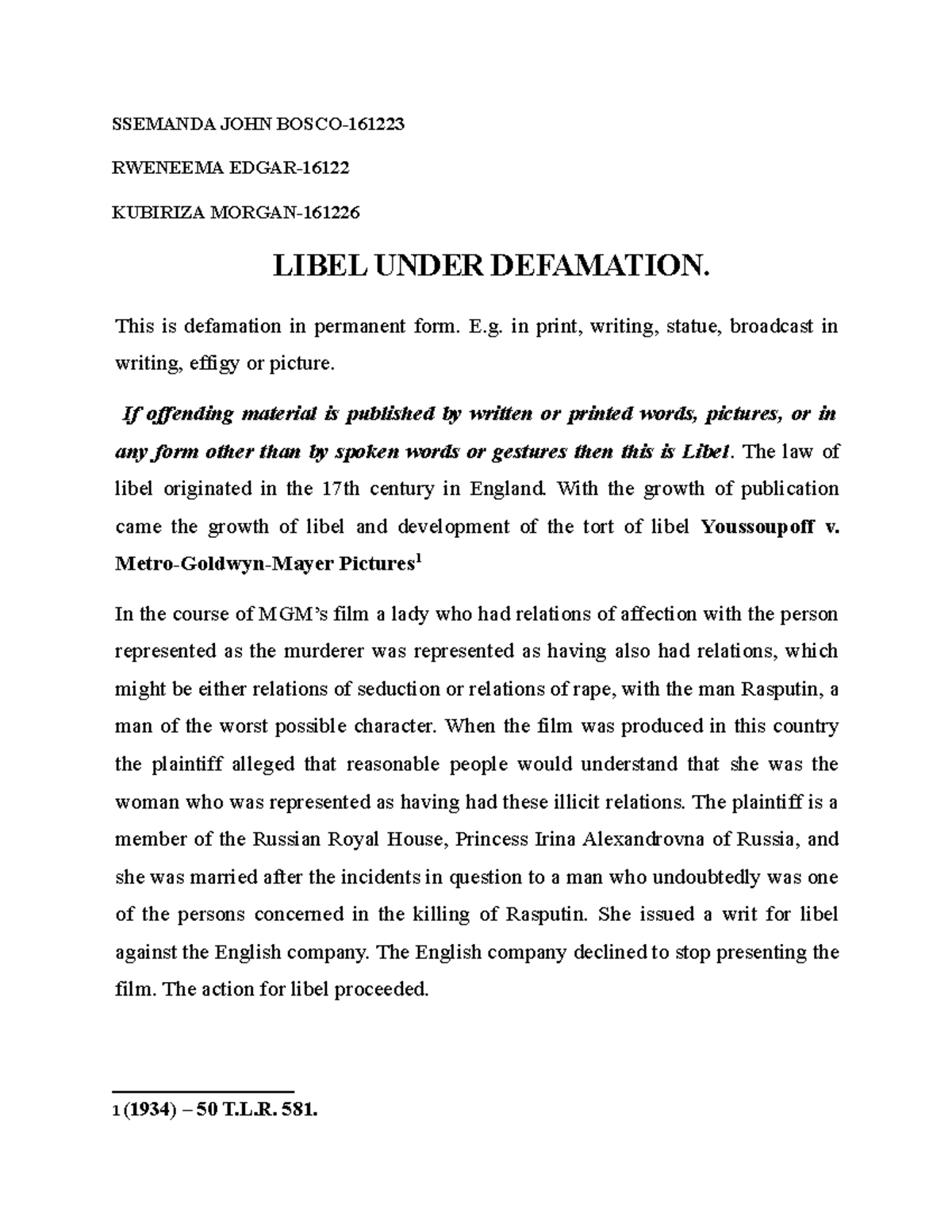 TORT LAW CAT ONE ( Libel Under Defamation) - SSEMANDA JOHN BOSCO ...