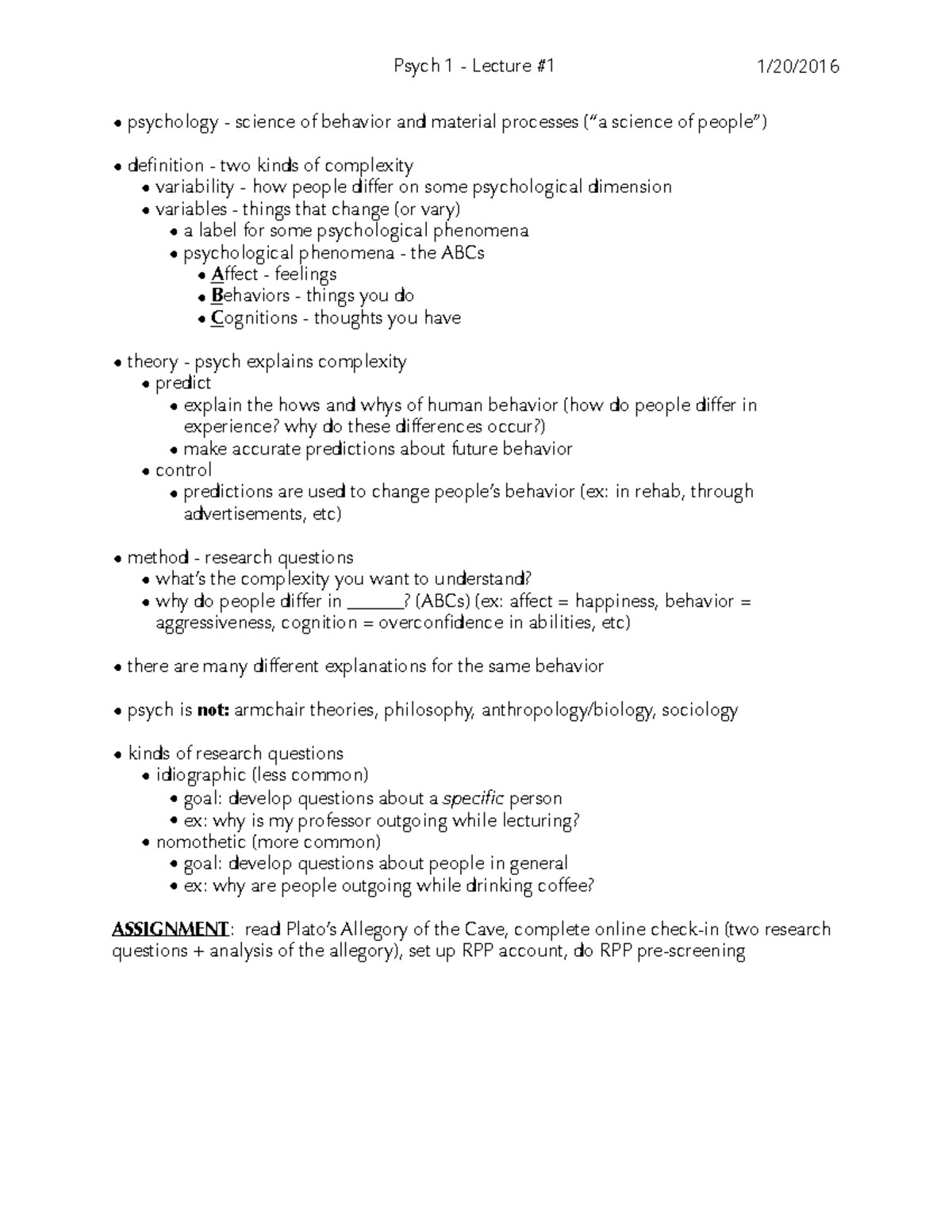 Lecture notes, PSYCH 1 - all lectures - Psych 1 Lecture psychology ...