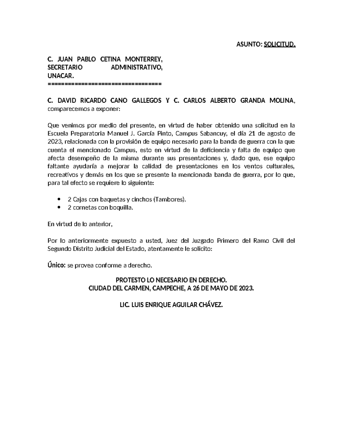 374 - escrito - ASUNTO: SOLICITUD. C. JUAN PABLO CETINA MONTERREY ...