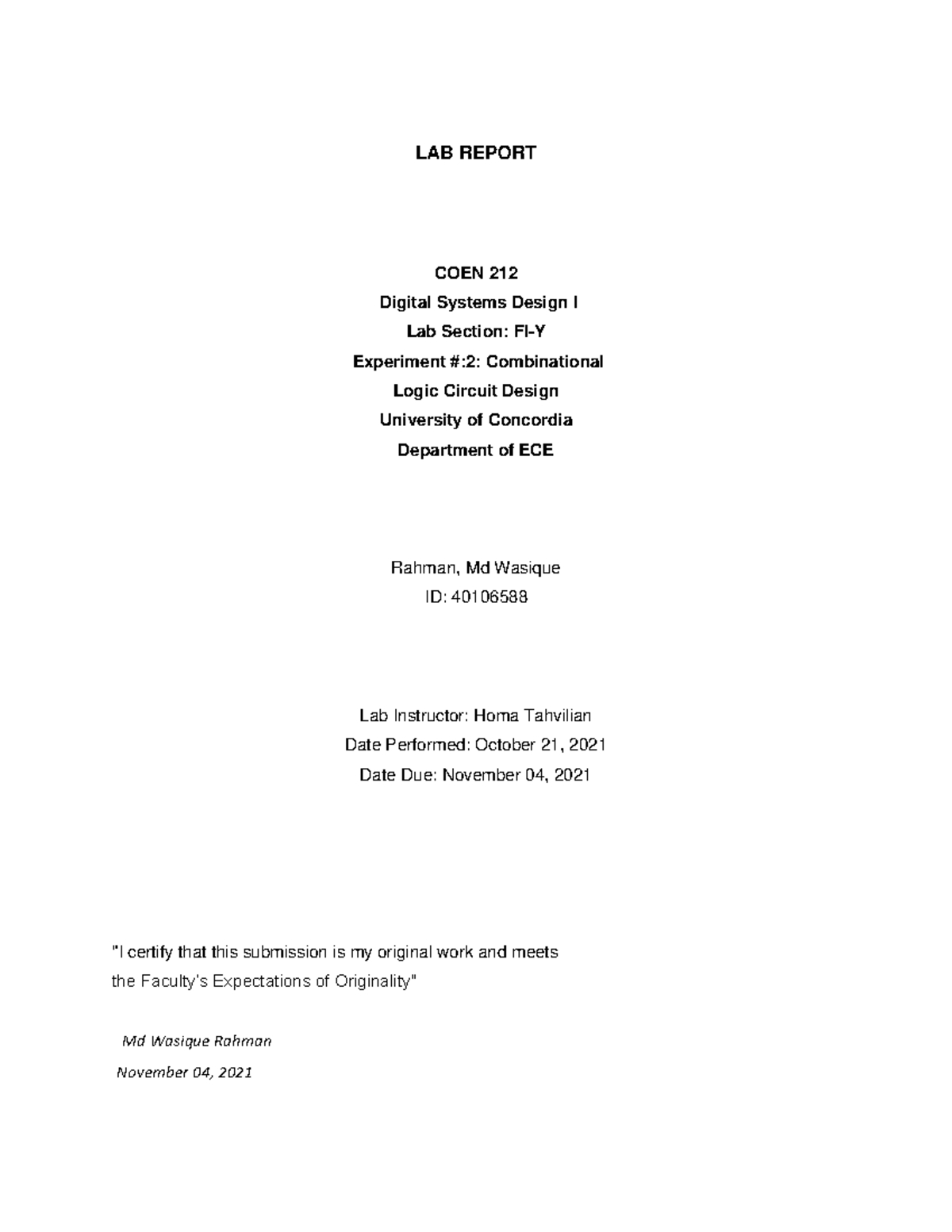 COEN 212-Lab Report-2-converted - LAB REPORT COEN 212 Digital Systems ...
