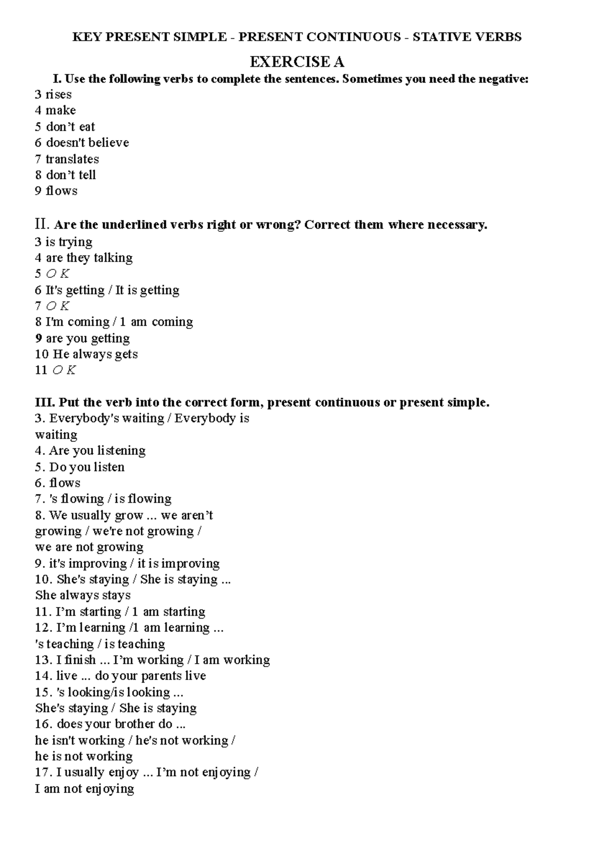 KEY PAST Simple - ừadws - KEY PRESENT SIMPLE - PRESENT CONTINUOUS - STATIVE VERBS EXERCISE A I ...