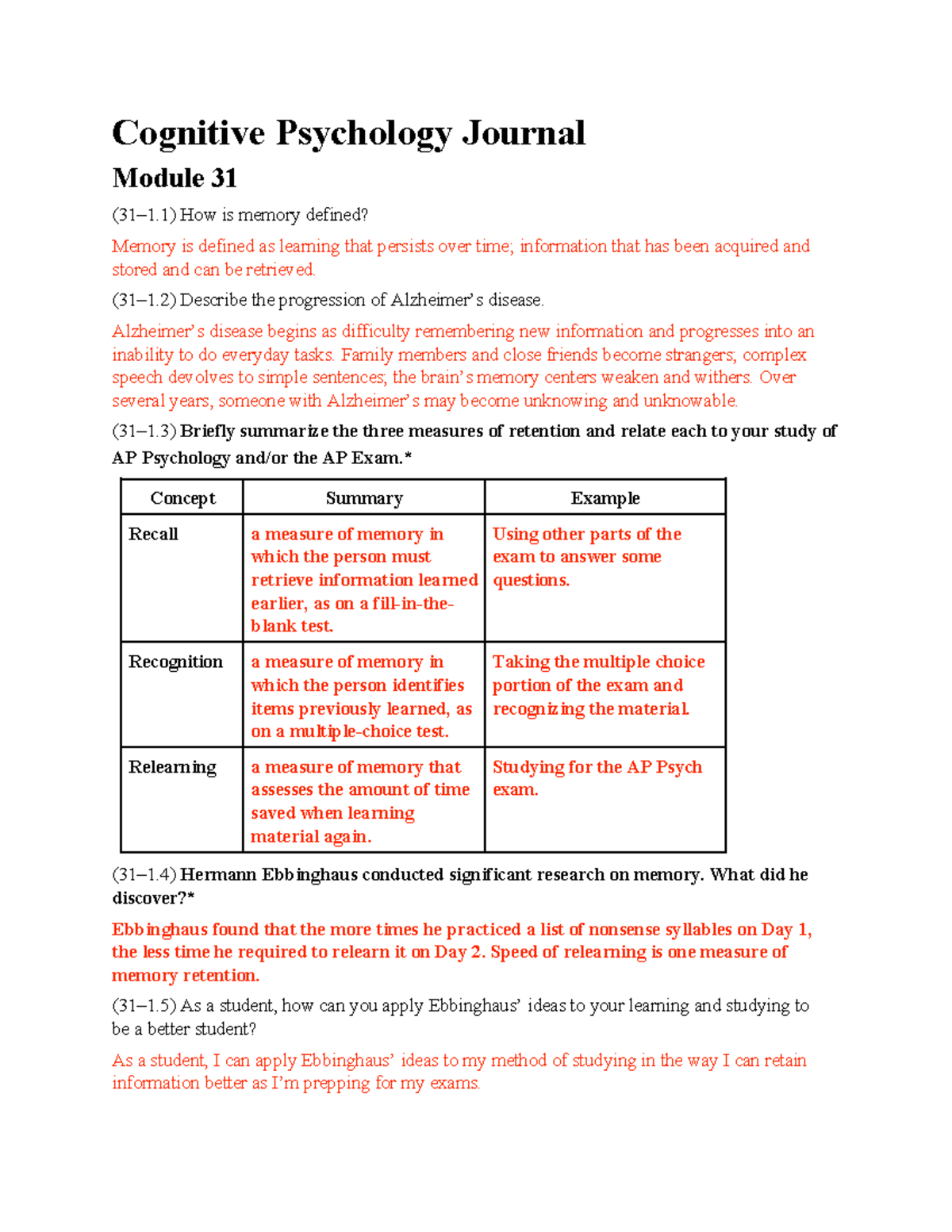 04 - work - Cognitive Psychology Journal Module 31 (31–1) How is memory ...