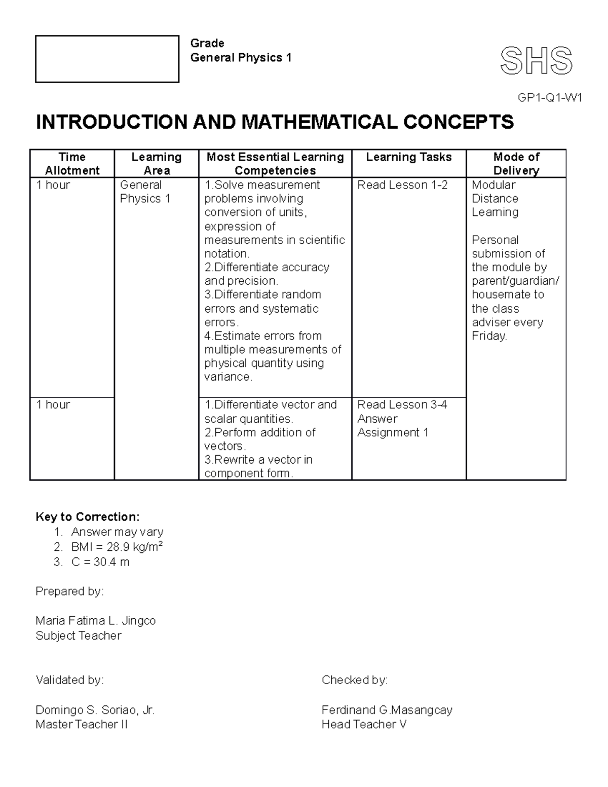 GP1-Q1-W1 - Lectures in Physics 1 - Grade General Physics 1 ...