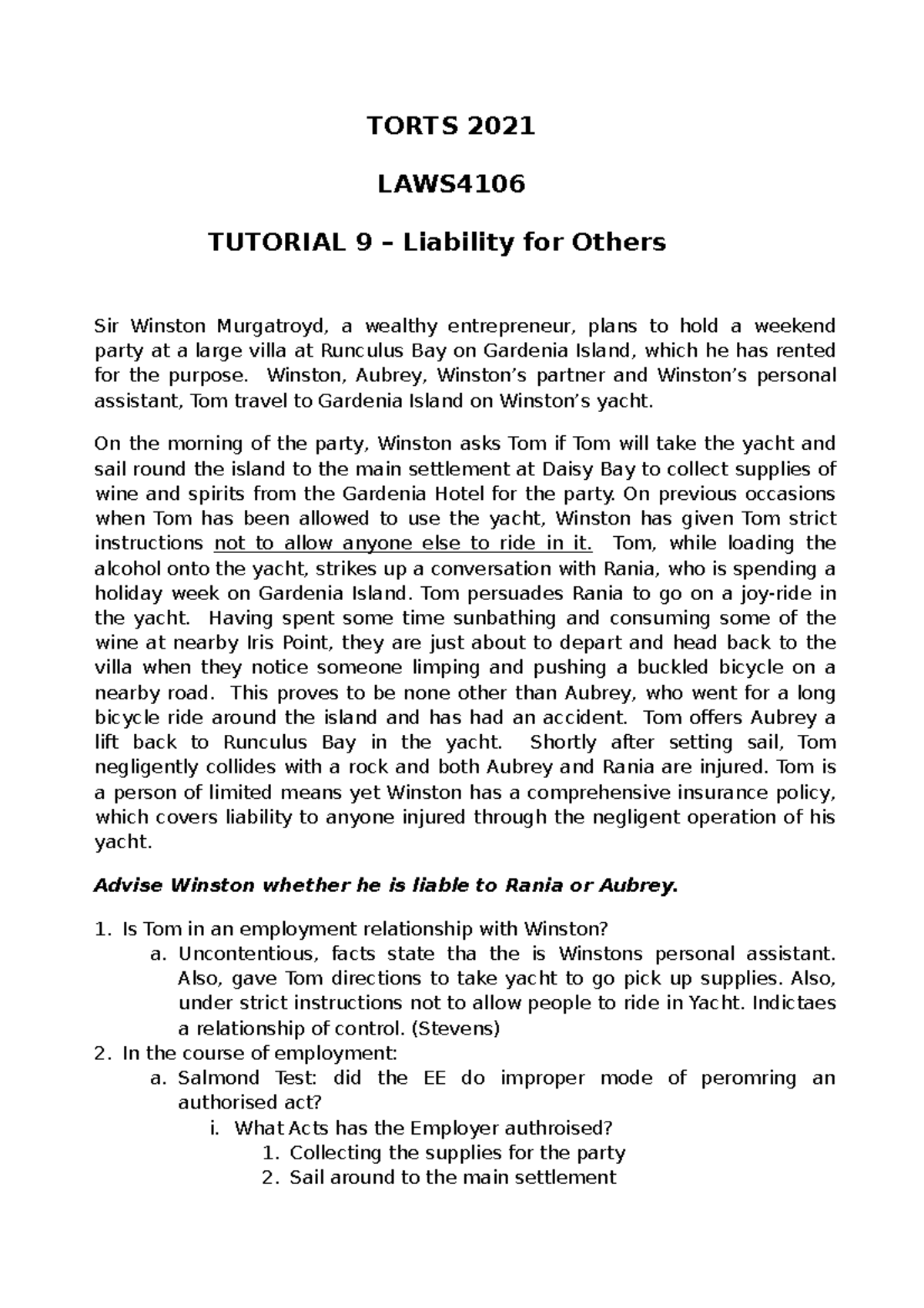 Liability for Others Tutorial Question 2021 - TORTS 2021 LAWS TUTORIAL ...