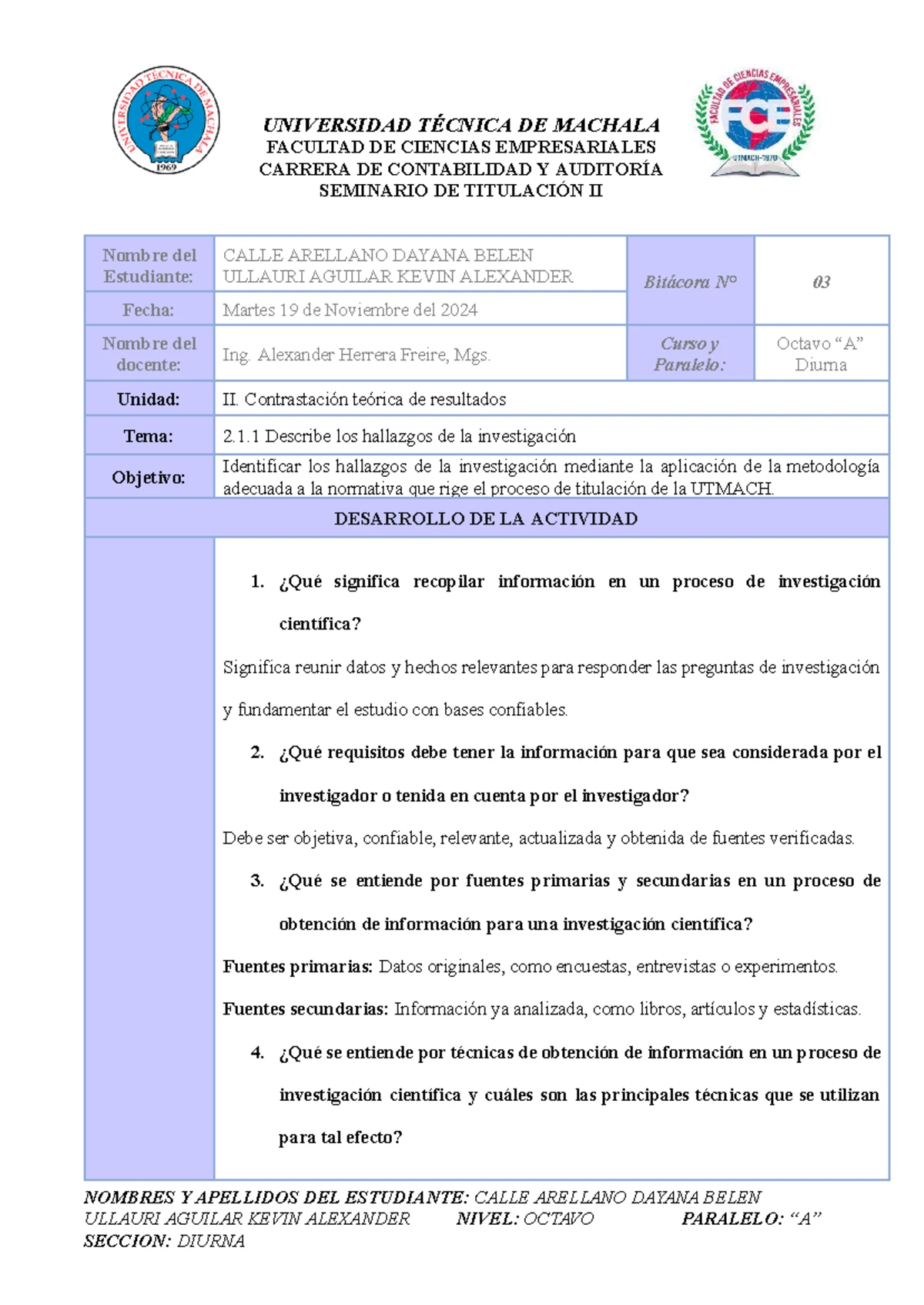 Bitacora N°4 - Trabajo en clase - UNIVERSIDAD TÉCNICA DE MACHALA FACULTAD DE CIENCIAS ...