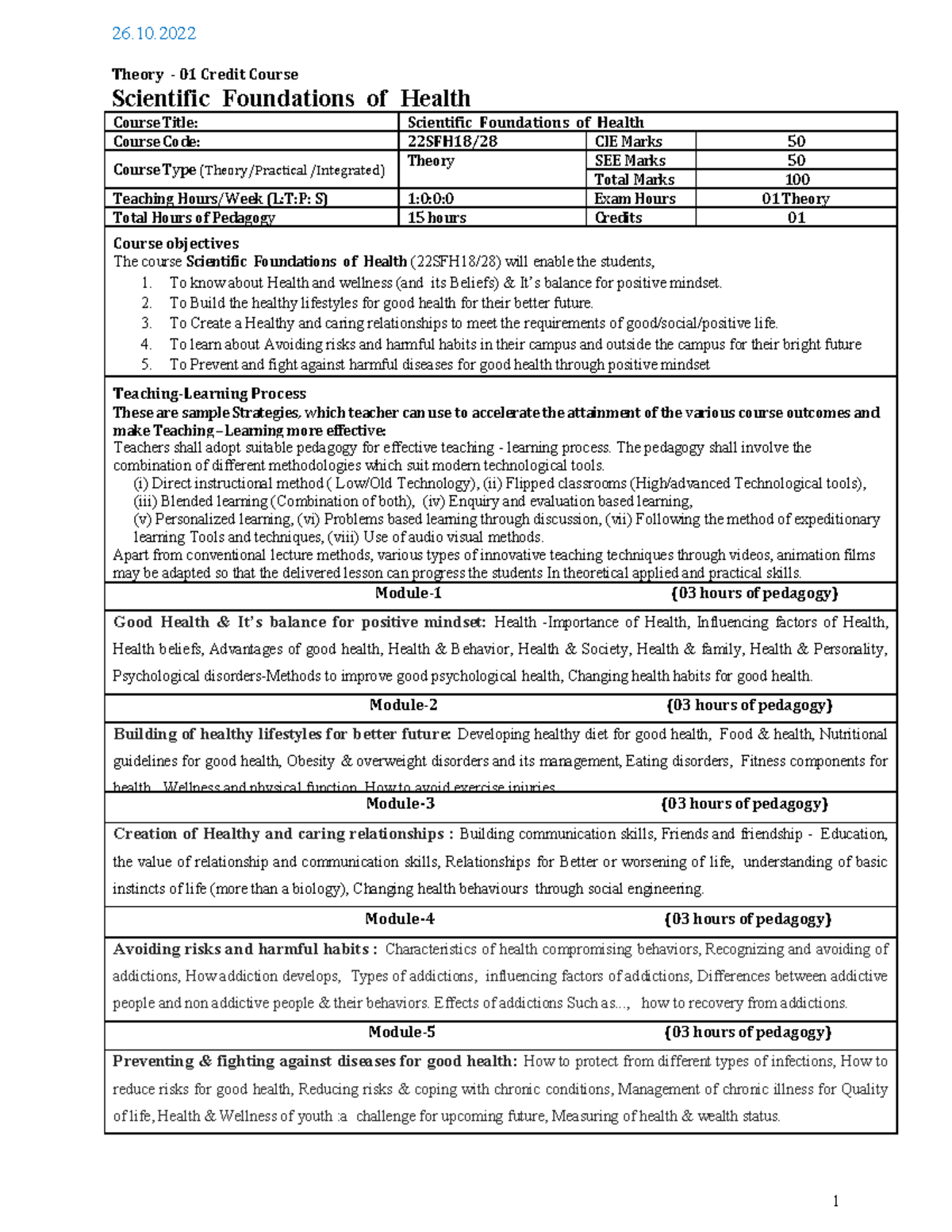 22SFH18 - 26. 1 Theory - 01 Credit Course Scientific Foundations of ...