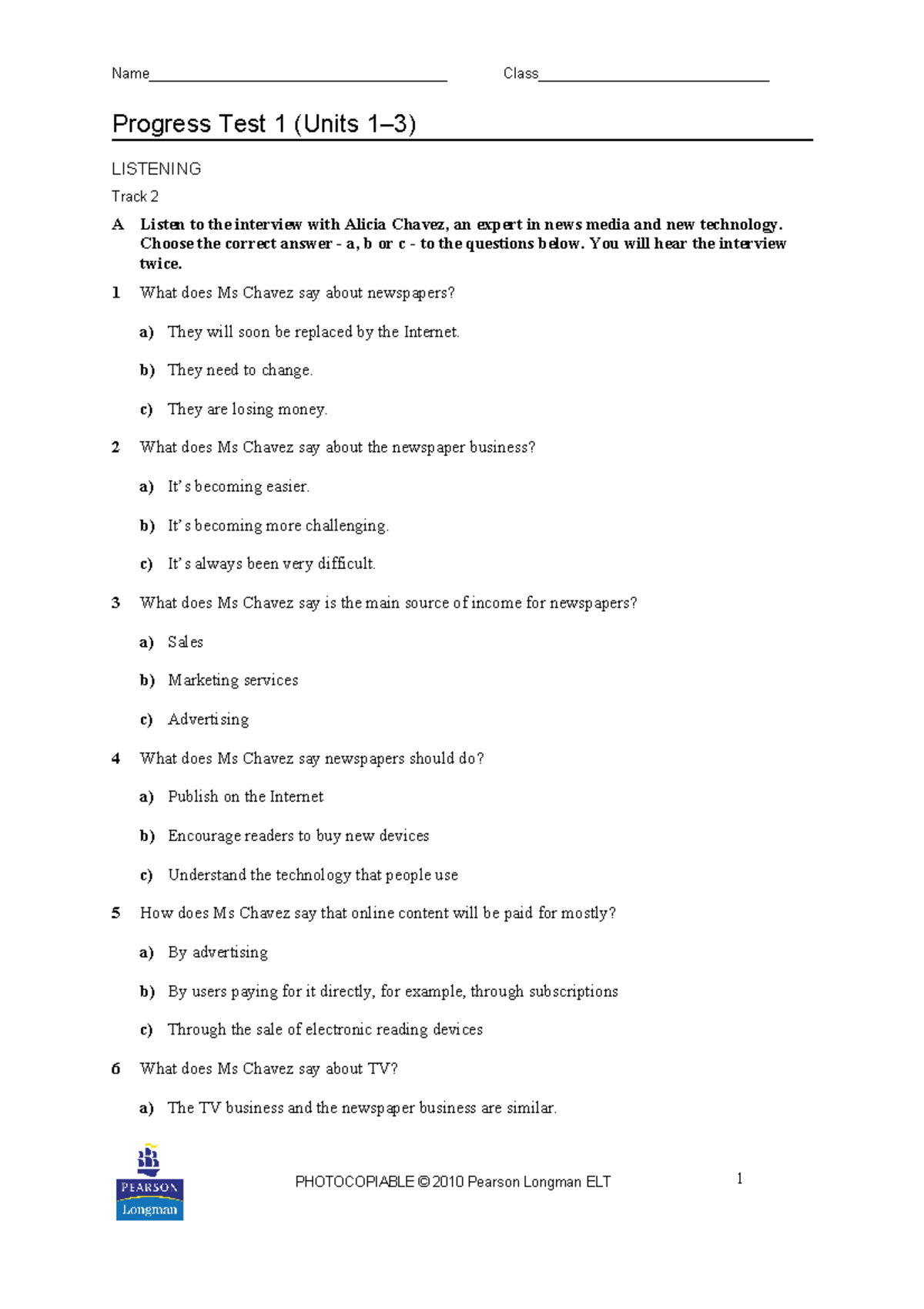 Progress Test 1 Units 1-3 - Name ...