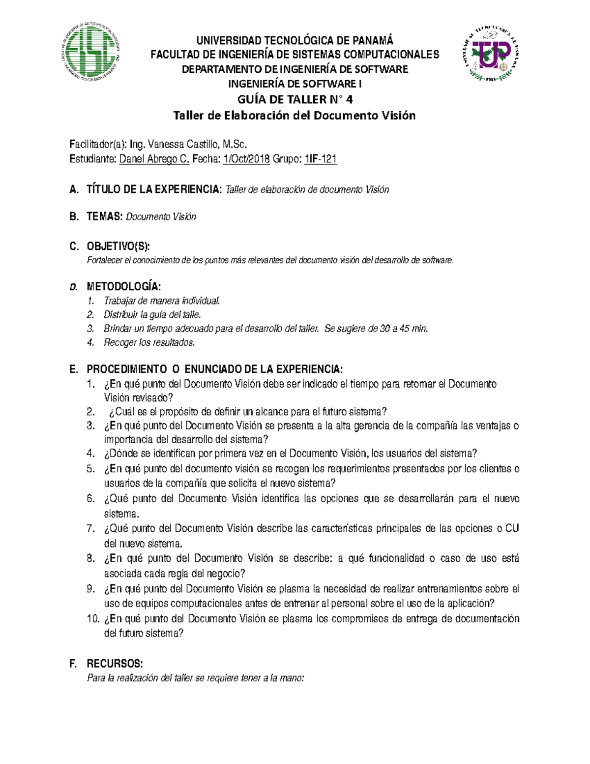 Taller 5 Elaboración del documento Visión - UNIVERSIDAD TECNOLÓGICA DE ...