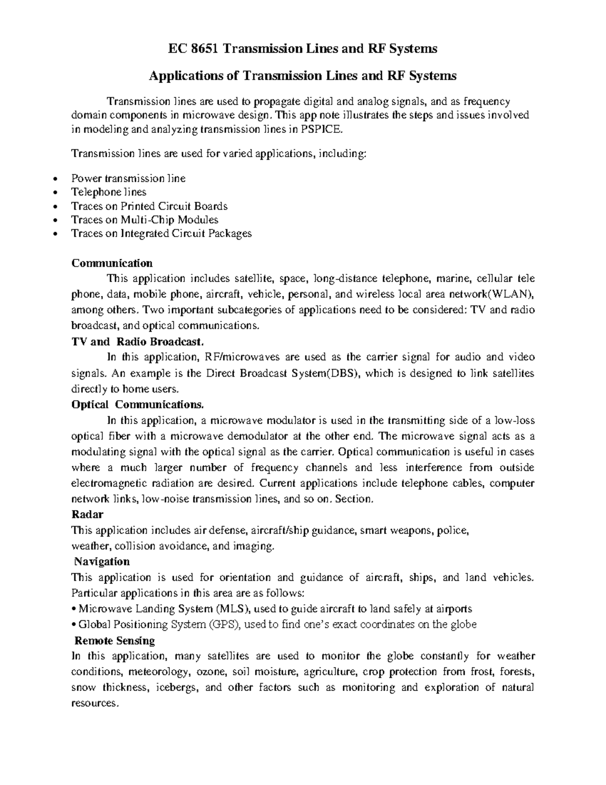 Applications of tlrf 1 - RF and Microwave Engineering - EC 8651 Transmission Lines and RF ...