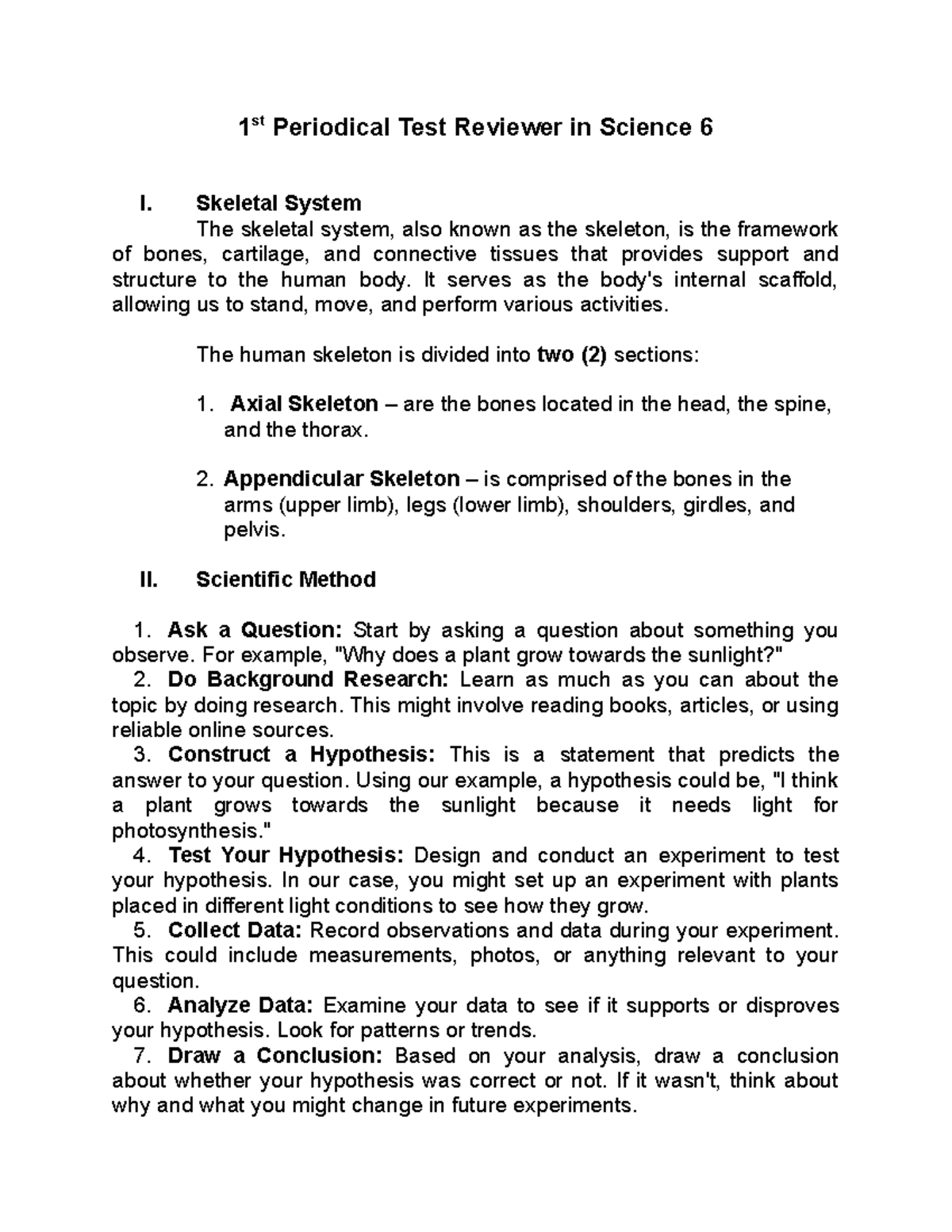 1st Periodical Test Reviewer in Science 6 - Skeletal System The ...