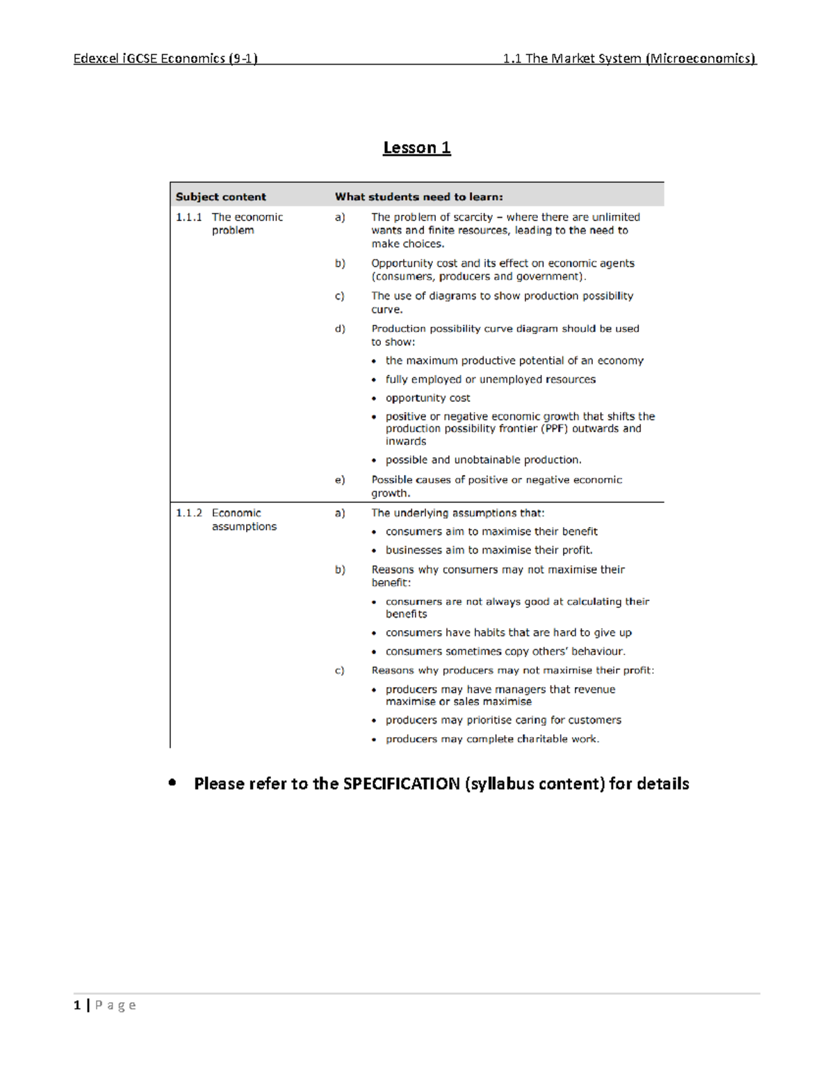 Micro lesson 1 - Basic Economics Problems - Lesson 1 Please refer to the SPECIFICATION (syllabus ...