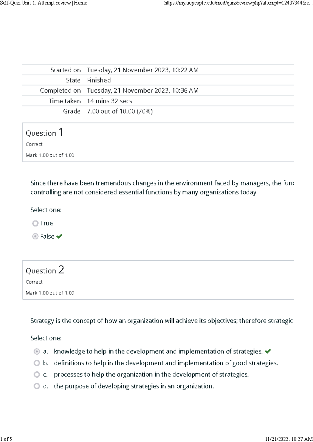 Self Quiz Unit 1 Attempt Review Home Started On Tuesday 21 November 2023 10 22 Am State