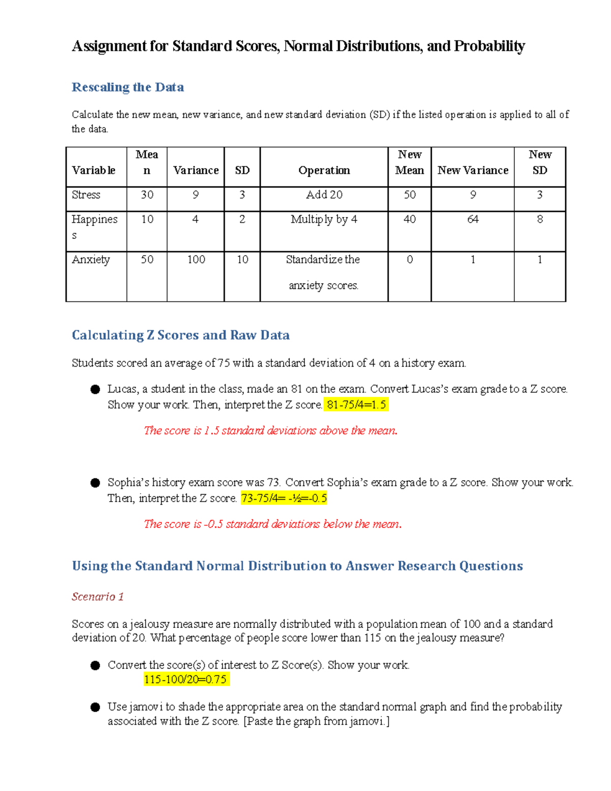 Assignment for Z Scores - Assignment for Standard Scores, Normal Distributions, and Probability ...