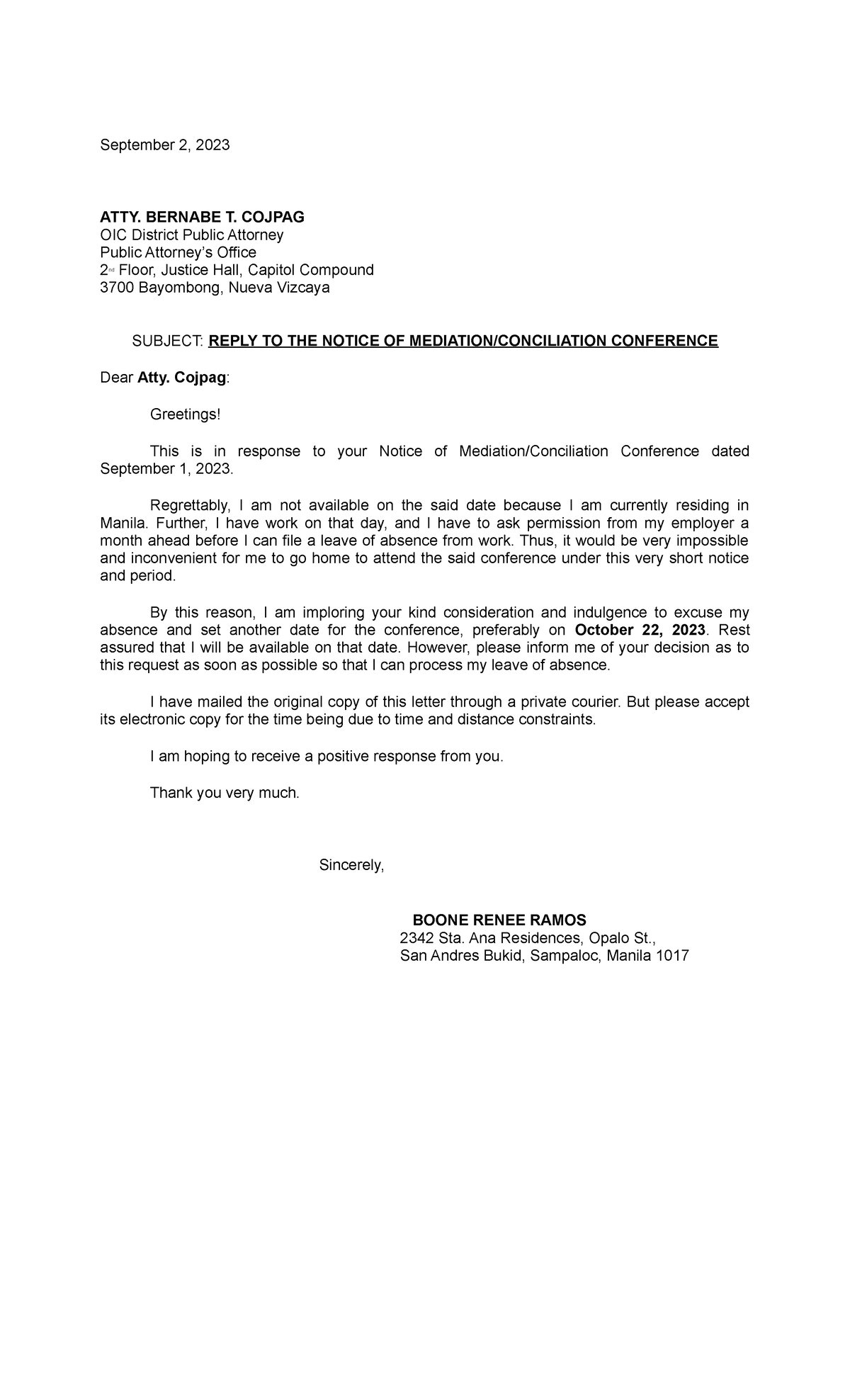 September 2 - non - September 2, 2023 ATTY. BERNABE T. COJPAG OIC ...