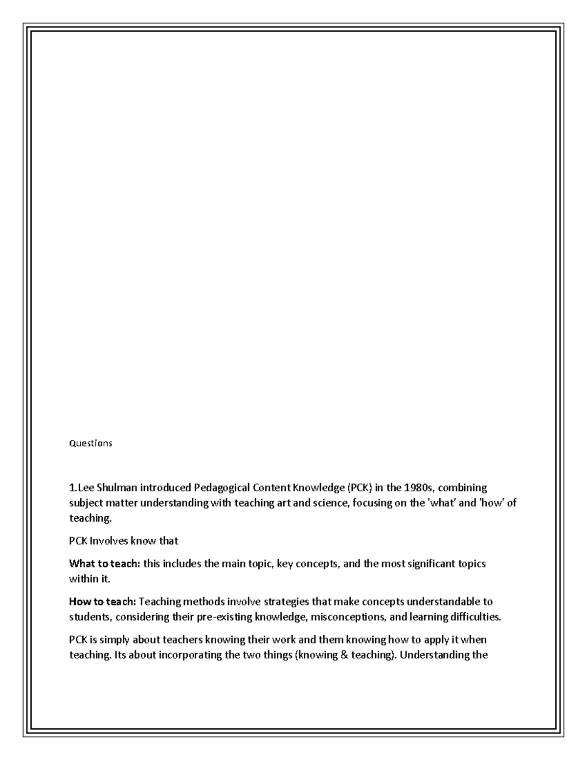 ISC3701 Assignment 2 - Questions 1 Shulman introduced Pedagogical ...