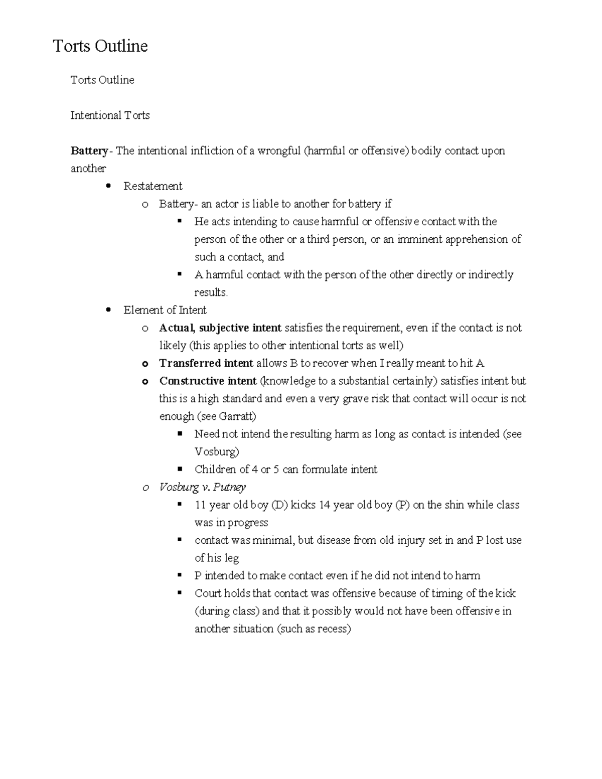 Torts Outline 2015 - Torts Outline Torts Outline Intentional Torts ...