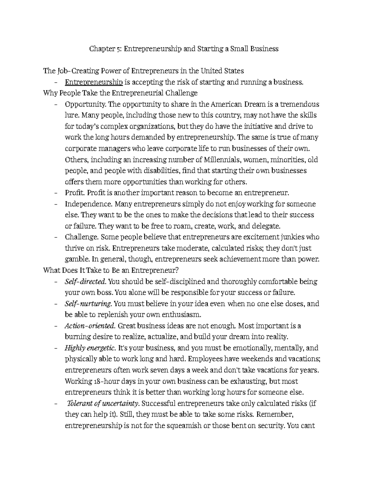 Chapter 5 Entrepreneurship and Starting a Small Business - Why People ...