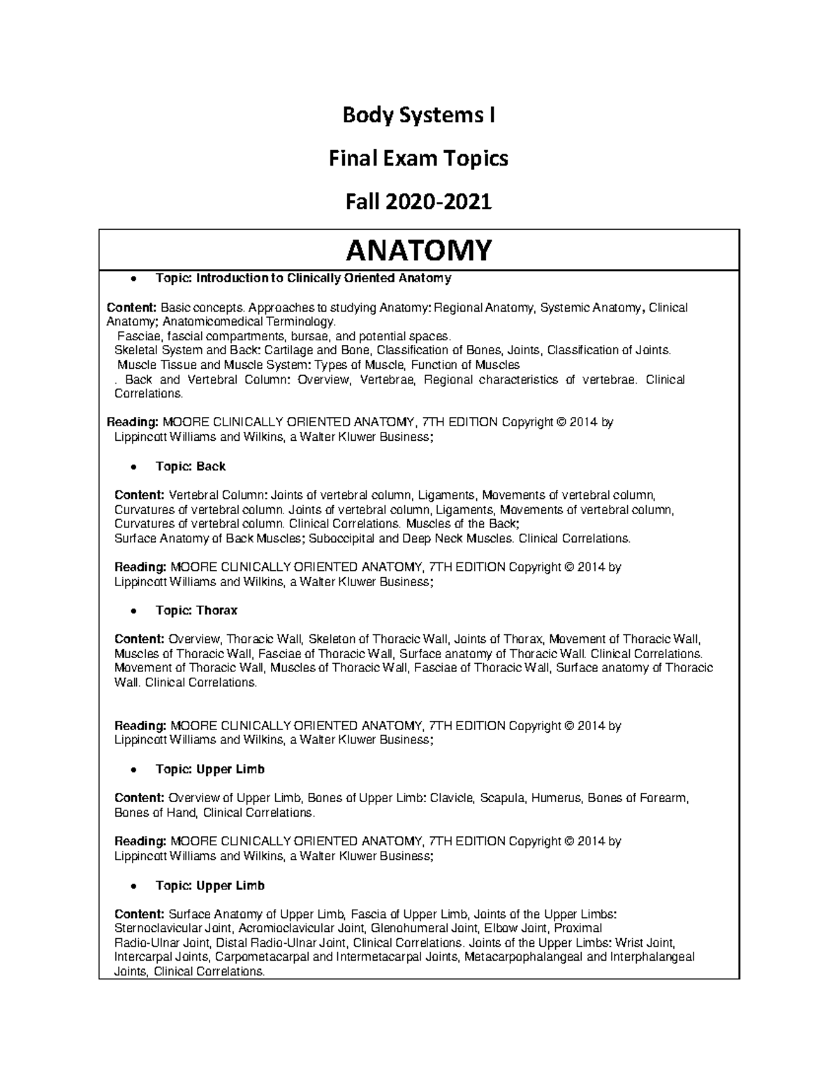 Body Systems I Final Exam Topics (Fall 2020 - 2021) - Body Systems I ...