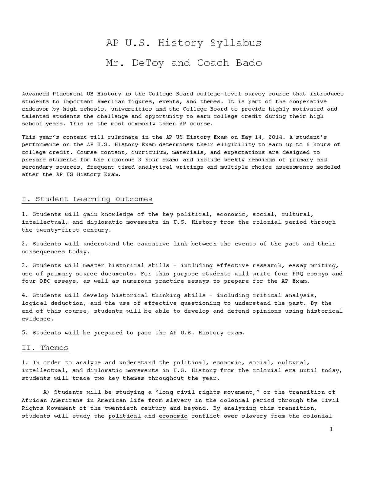 AP US History Syllabus 16-17 - "! ! AP U. History Syllabus Mr. DeToy ...