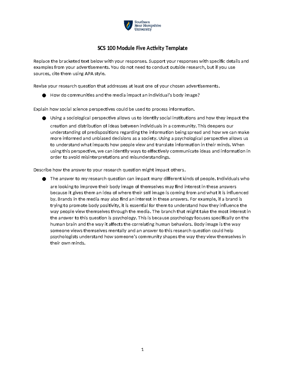 SCS 100 Module Five Activity - Support your responses with specific ...