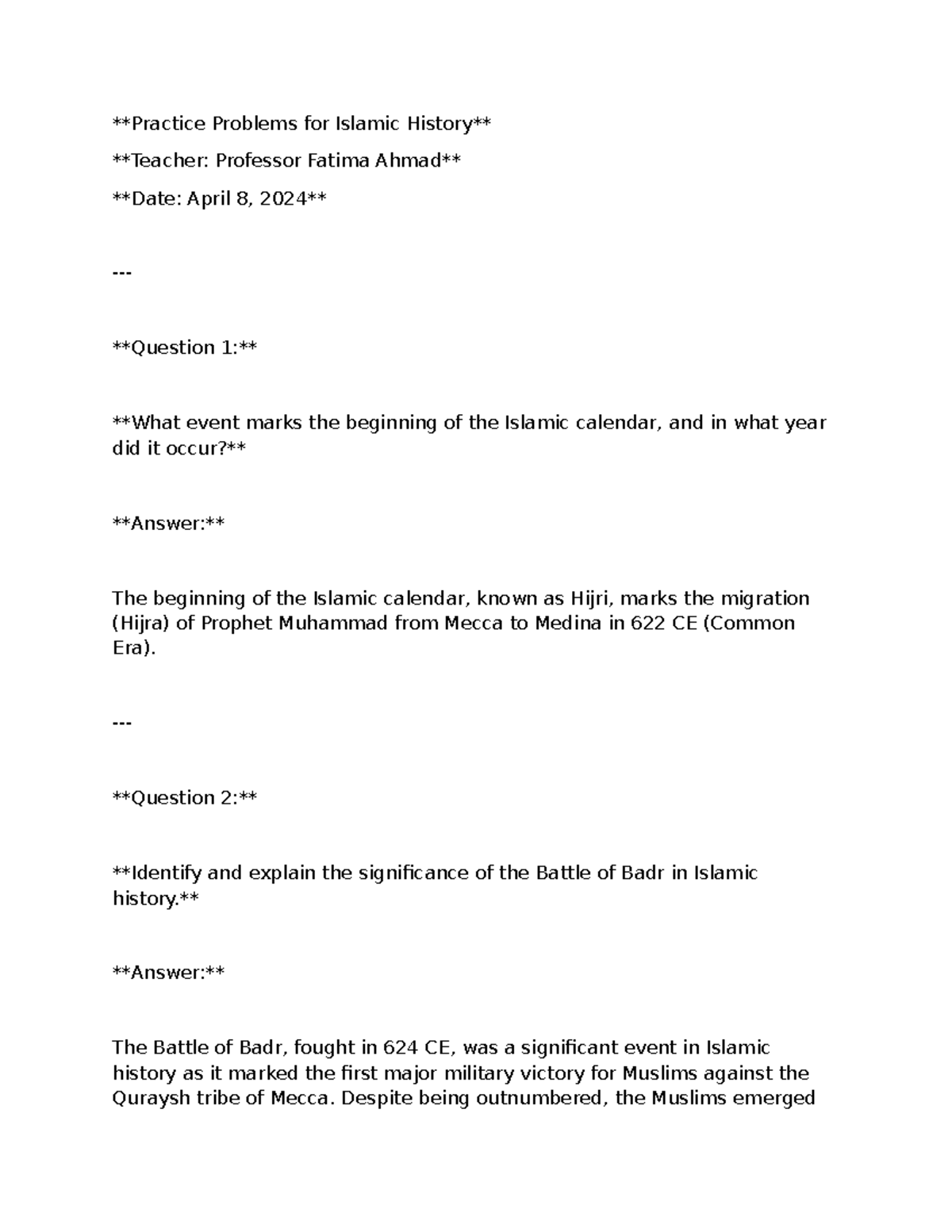 Practice Problems for Islamic History - Practice Problems for Islamic ...