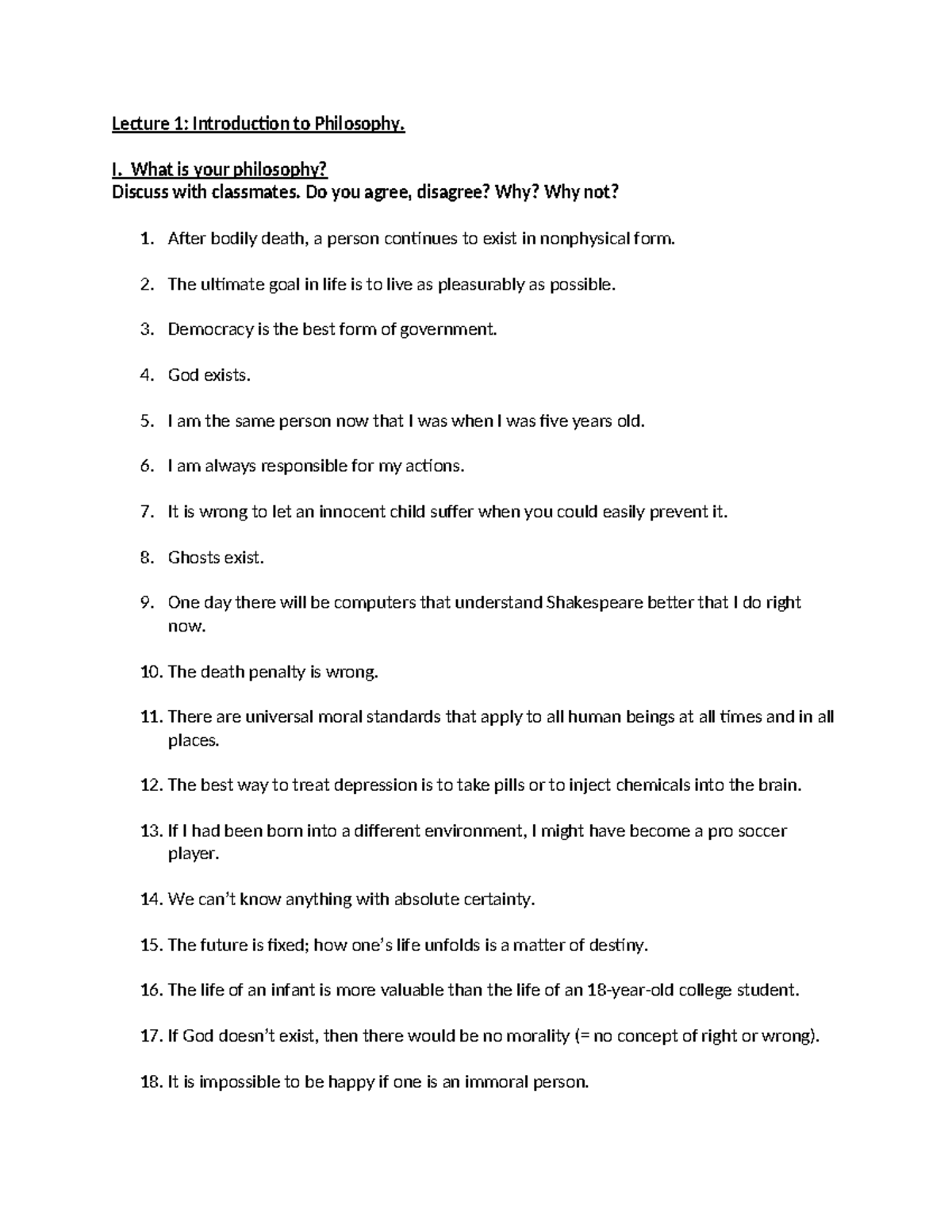 Worksheet Intro to Philosophy 2024 - Lecture 1: Introduction to ...