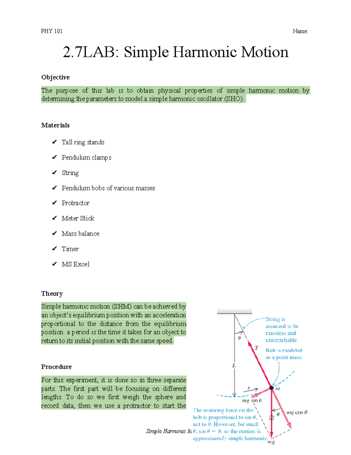 Of Lab 12 Simple Harmonic Motion - PHY 101 Name: 2: Simple Harmonic Motion Objective The purpose ...